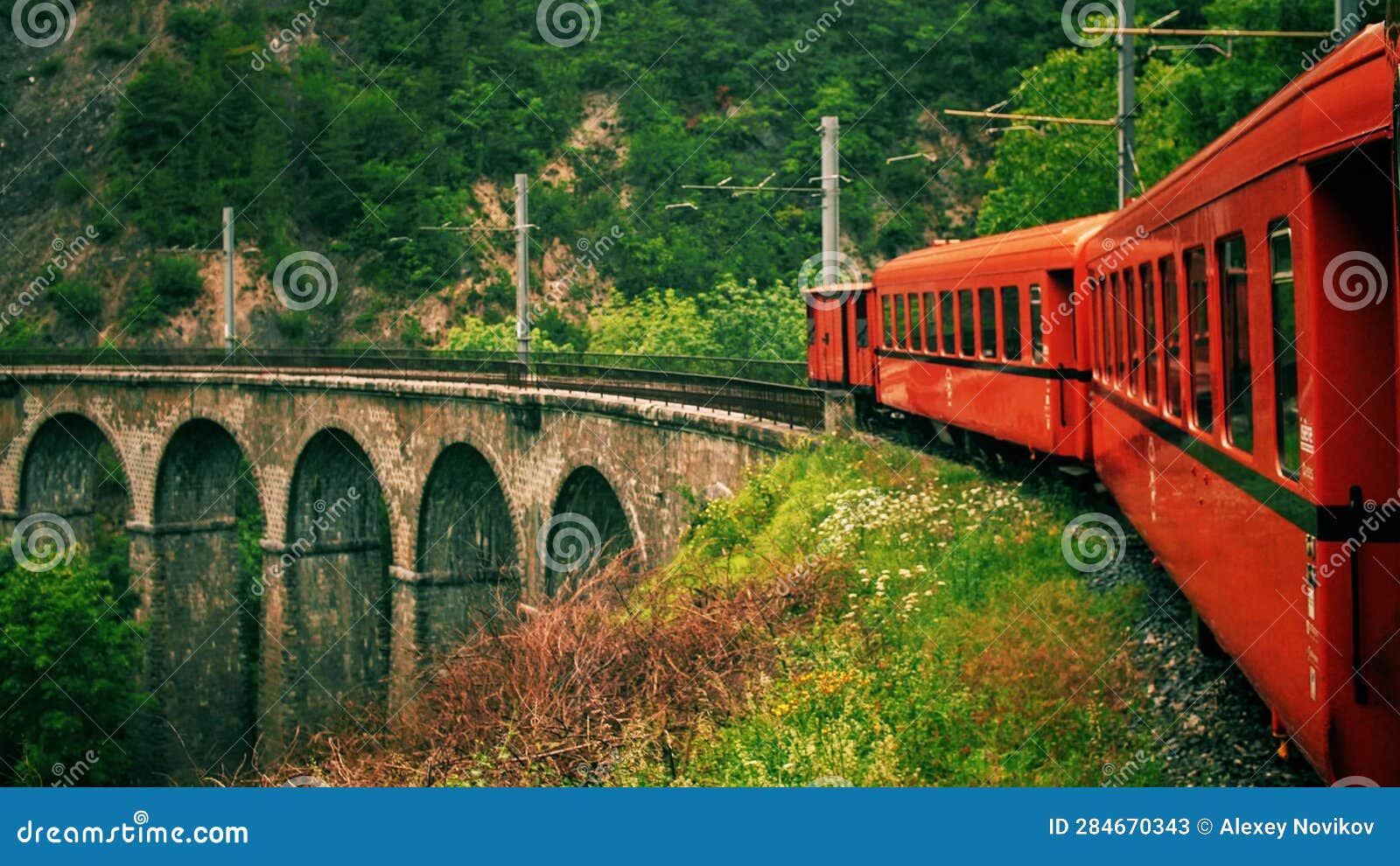 Retro Red Train and the Stone Bridge Stock Image - Image of ecology ...