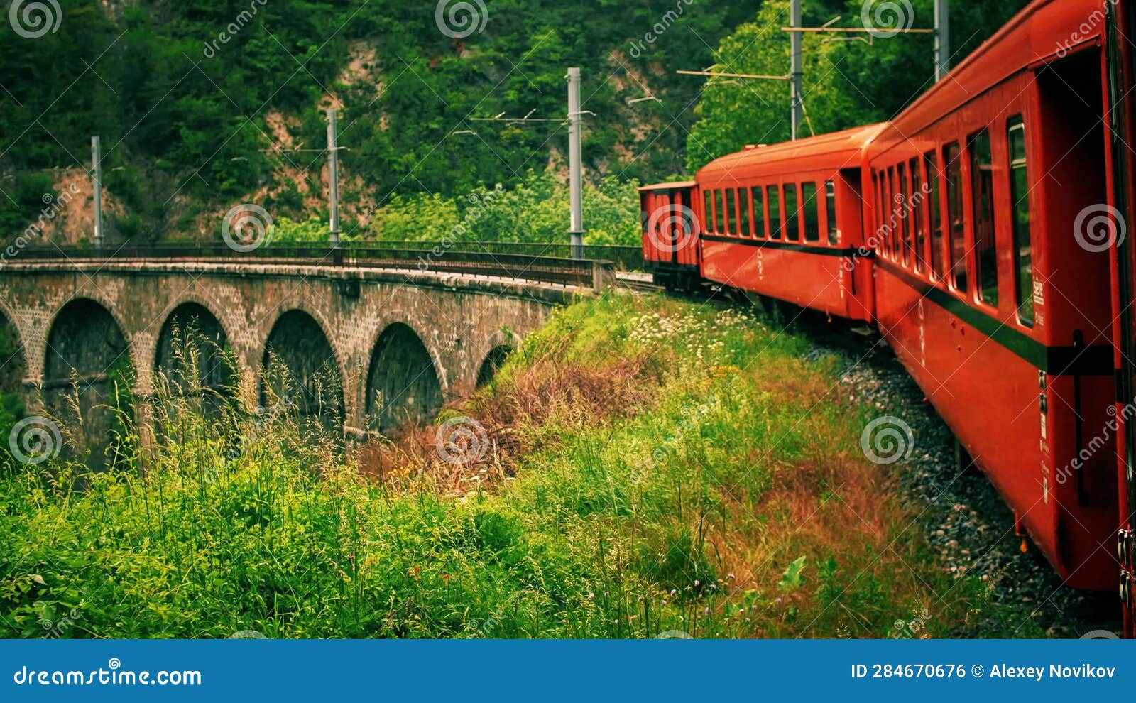 Retro Red Train and the Stone Bridge Stock Footage - Video of tourist ...