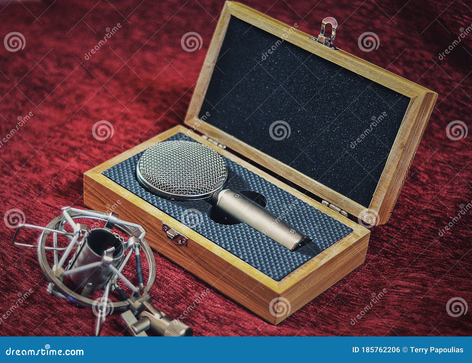 Retro Ribbon Microphone on a Wooden Box and Red Background Stock Photo ...