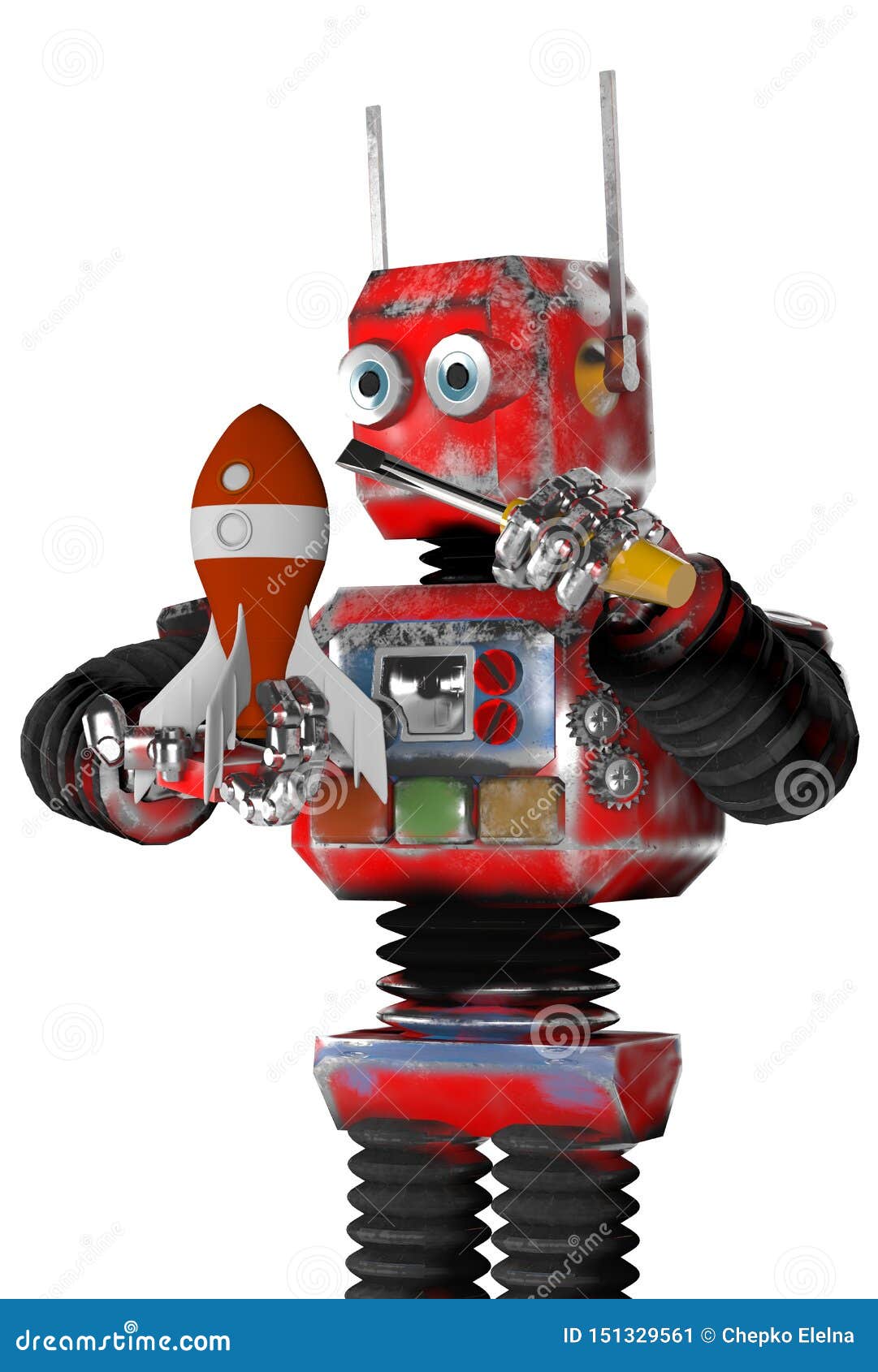 Retro Robot Fix a Rocket,render, 3d Stock Illustration - Illustration ...