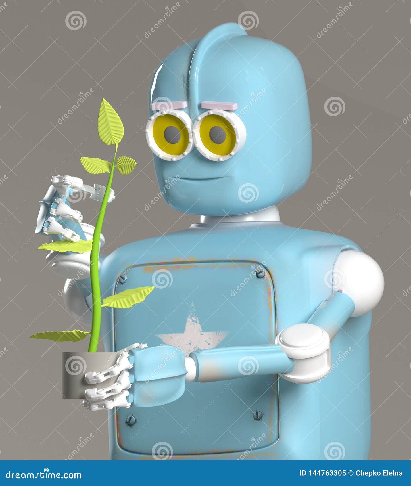 Retro Robot Hold Plant,droid with Sprout,3d Render Stock Illustration ...