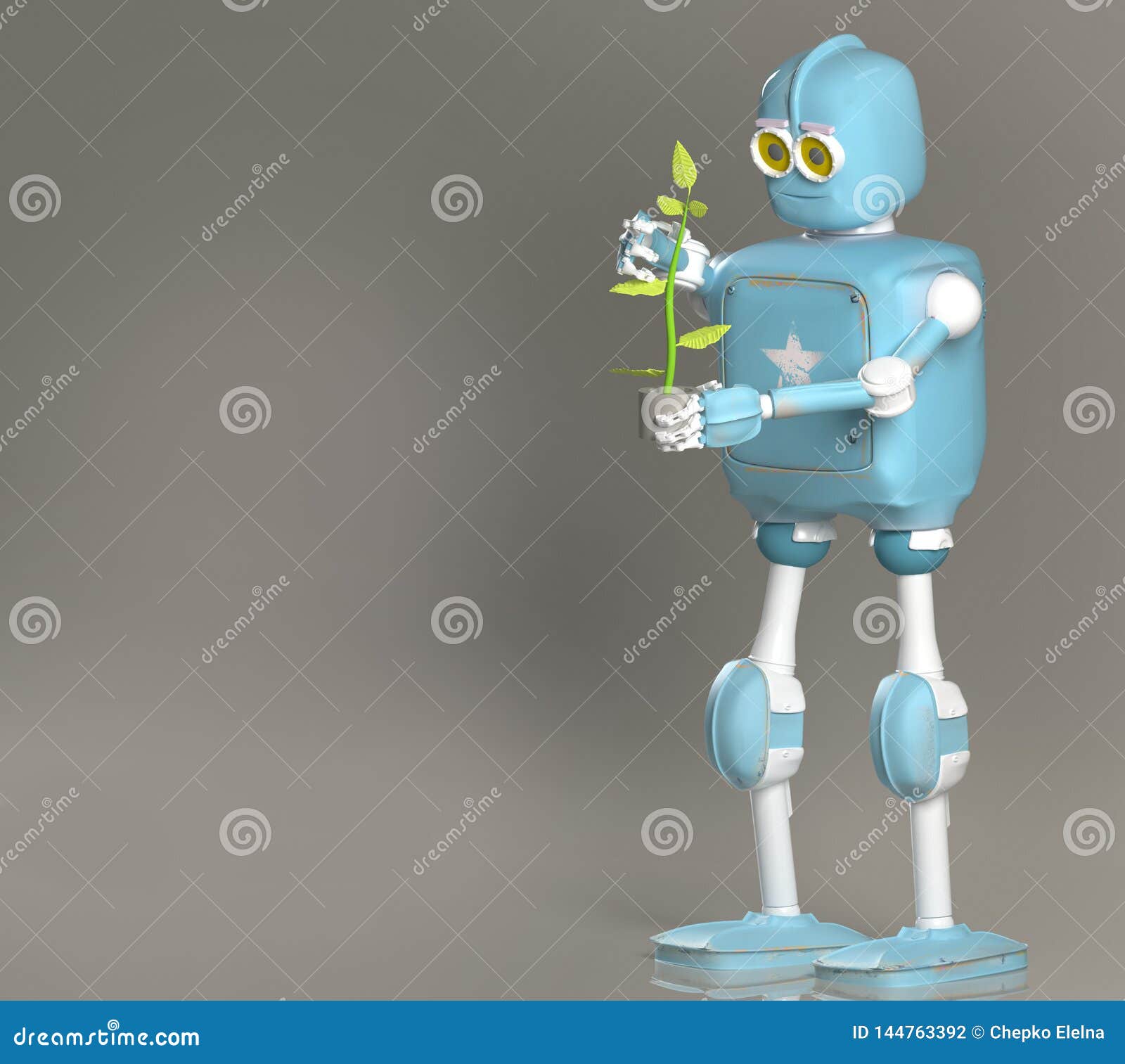 Retro Robot Hold Plant,droid with Sprout,3d Render Stock Illustration ...