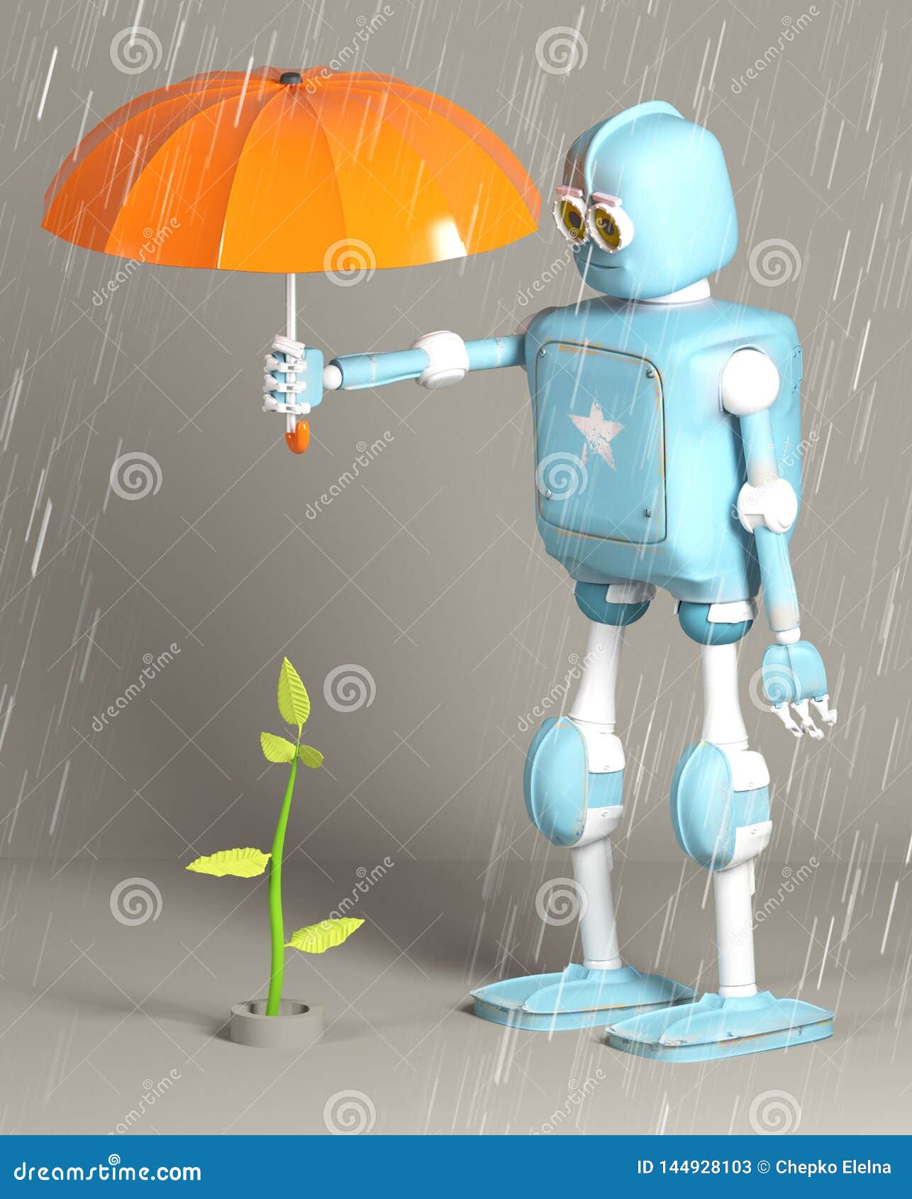 Retro Robot Protect Sprout, Plant,3d, Render Stock Illustration ...