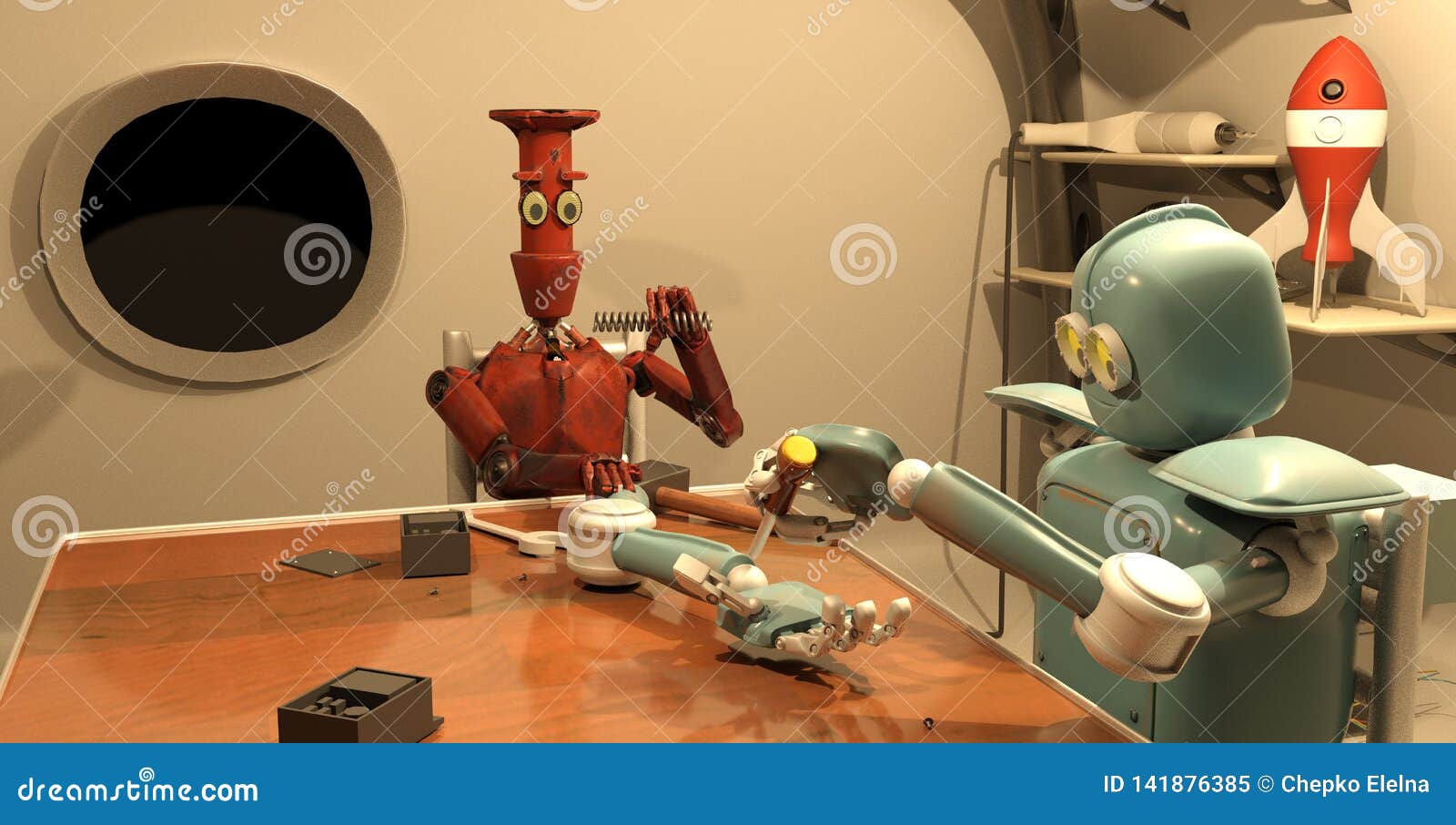 Retro Robot is Repairing His Hand ,3d Rendering Stock Illustration ...