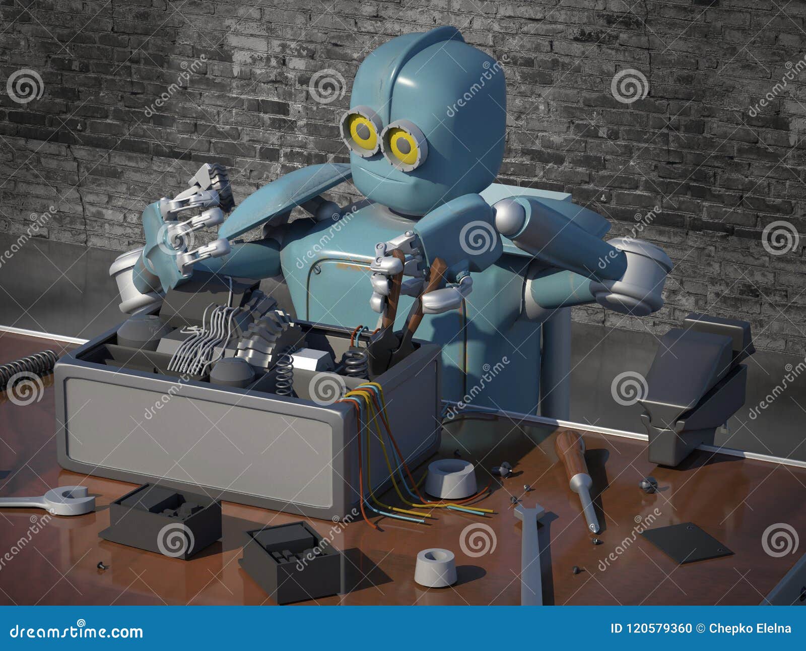 Retro Robot Repairs a Broken Mechanism, Android Restores the Detail. 3d ...