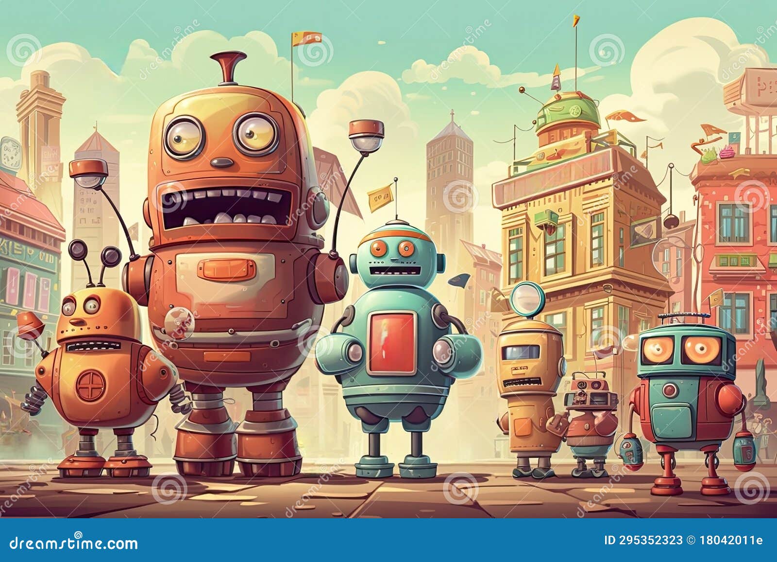 Retro Robot Revolution, Whimsical Robot Parade in a Vintage Town Square ...