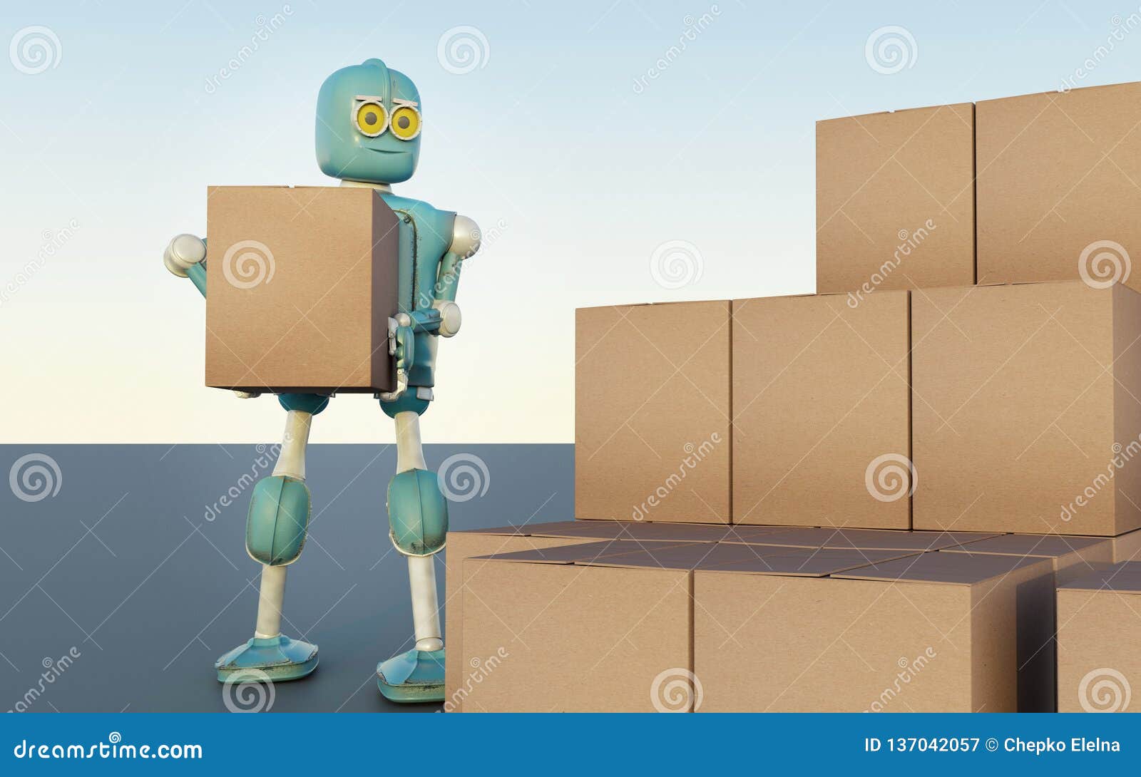 Retro Robot with Shipping Boxes Render 3d Stock Illustration ...
