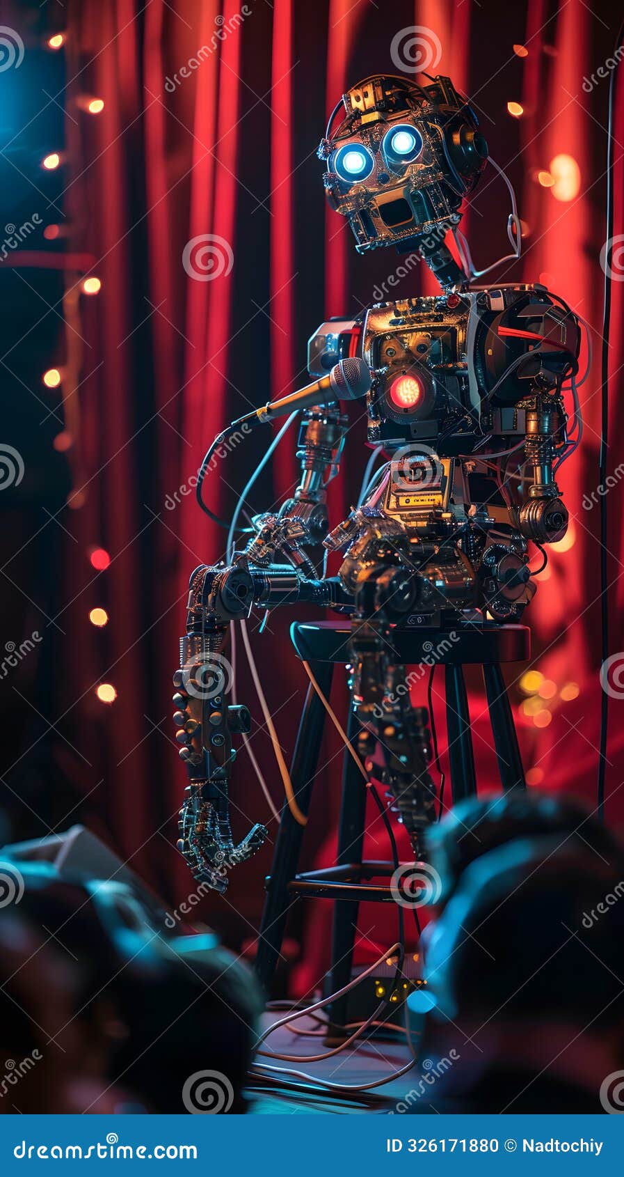 Retro Robot Show, Mechanical Marvel on Stage, Red Curtain Background ...