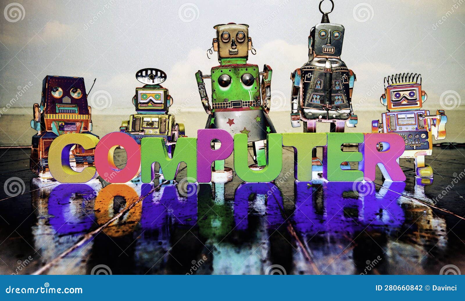 Retro Robot Toys with the Word COMPUTER Stock Photo - Image of wooden ...