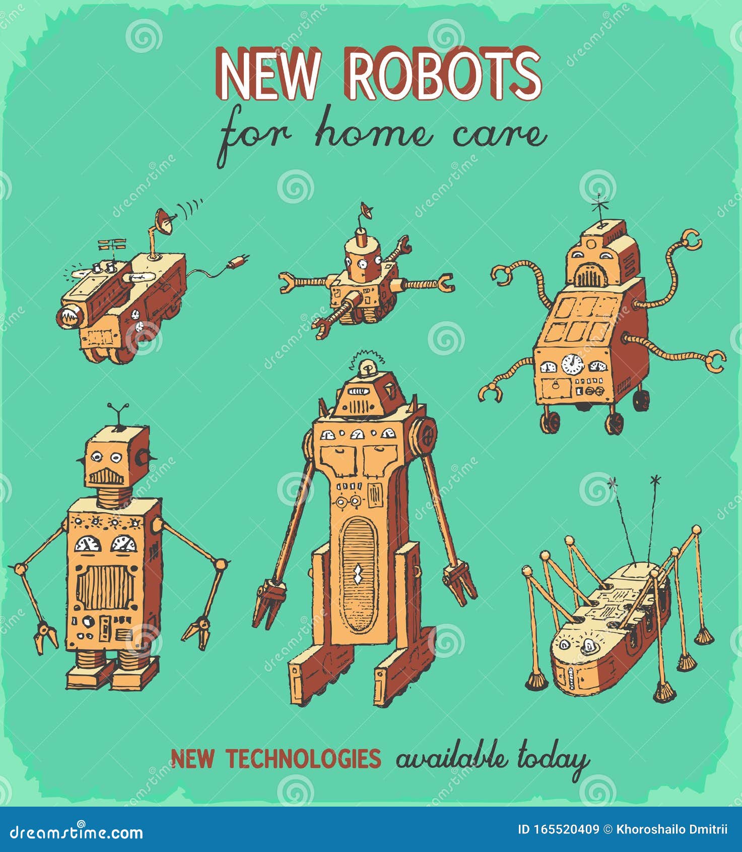 Retro Robots Vector Hand Drawing Set Animation 1950-60 Style Color ...