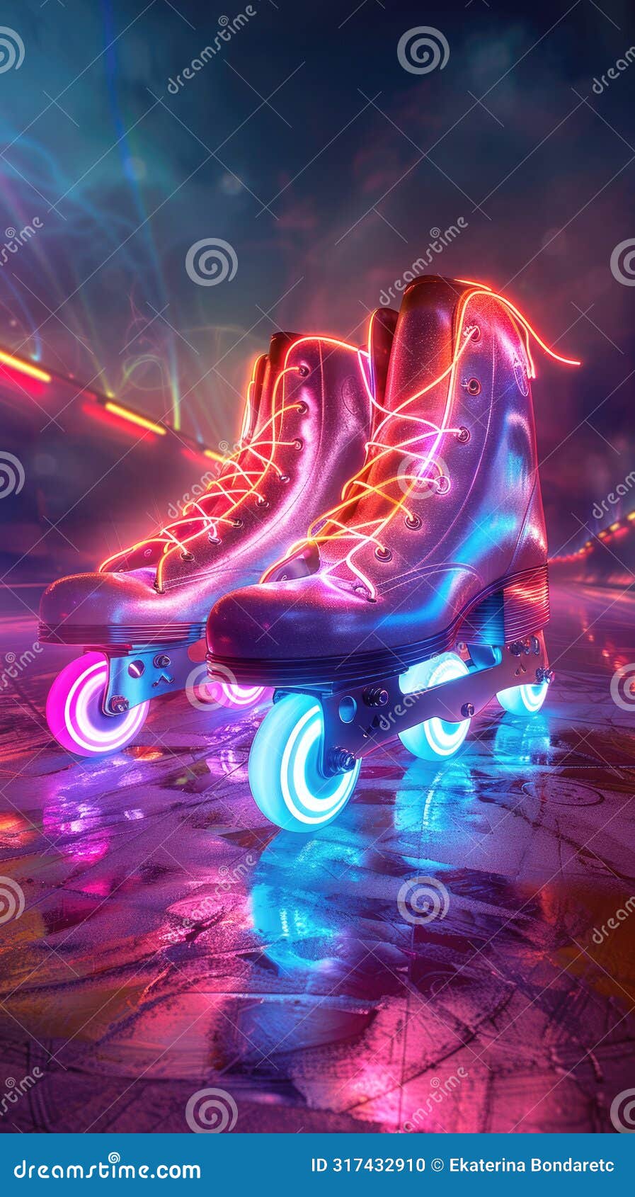 Retro Roller Skates and Neon Lights. Vertical Image, Hobby and Fun ...