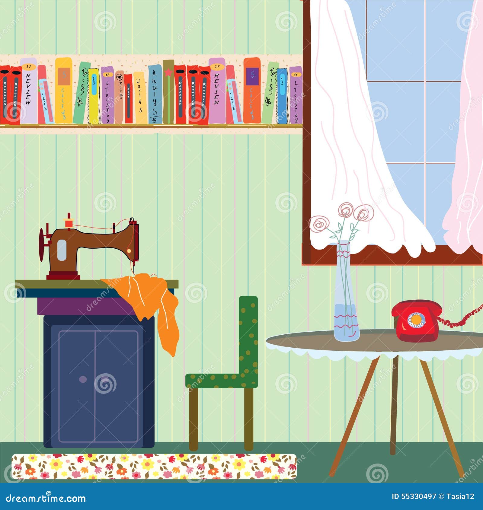 Retro Room Interior with Sewing Machine and Phone Stock Vector ...