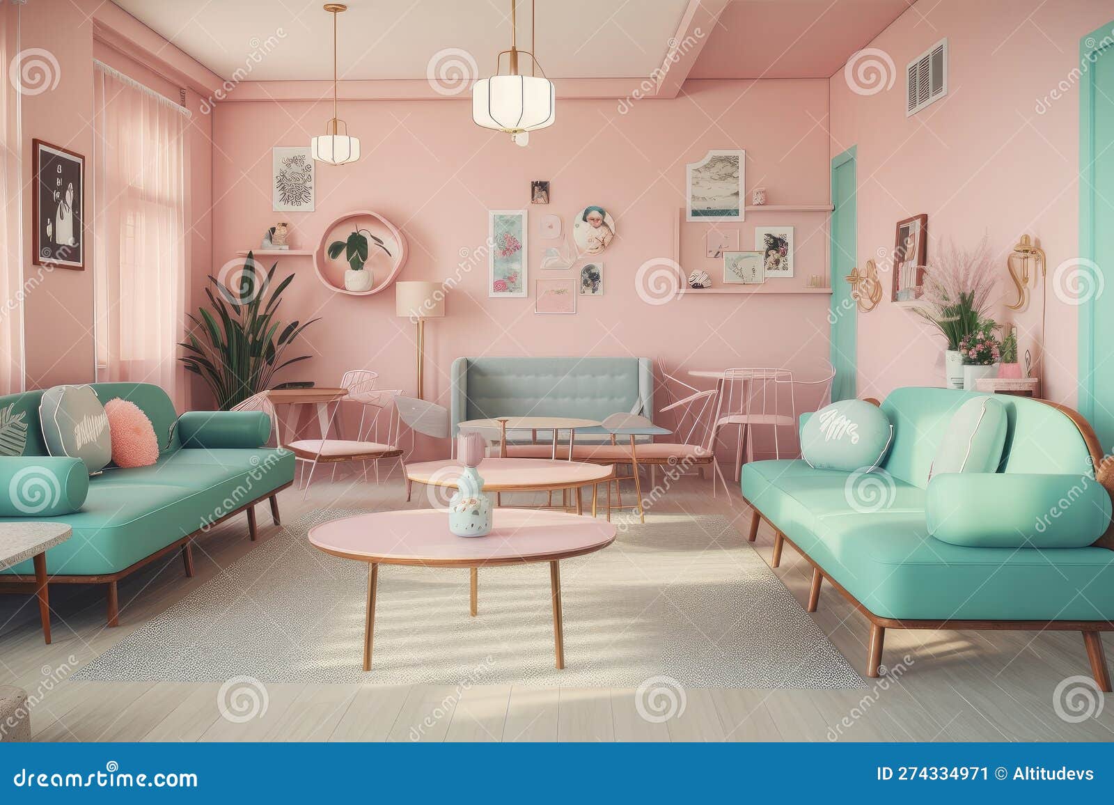Retro Room With Pastel Color Scheme And Plush Furniture Bringing Back The Nostalgic Vibes Of
