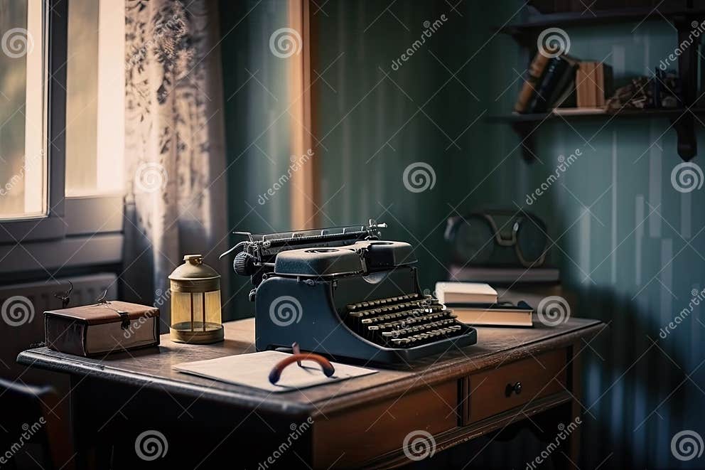 Retro Room with Typewriter and Stack of Paper on Desk Stock Photo ...