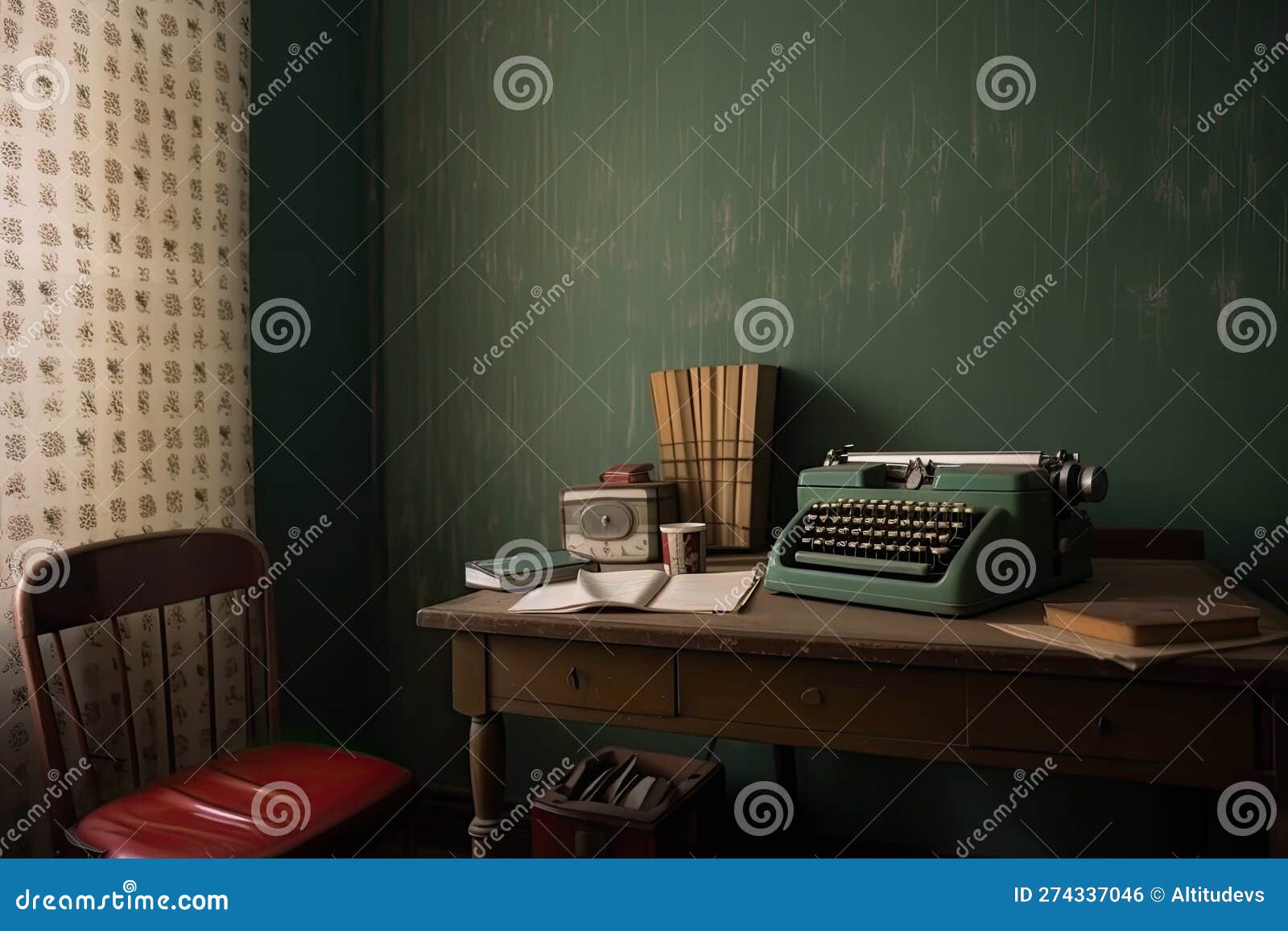 Retro Room with Typewriter and Stack of Paper on Desk Stock Photo ...