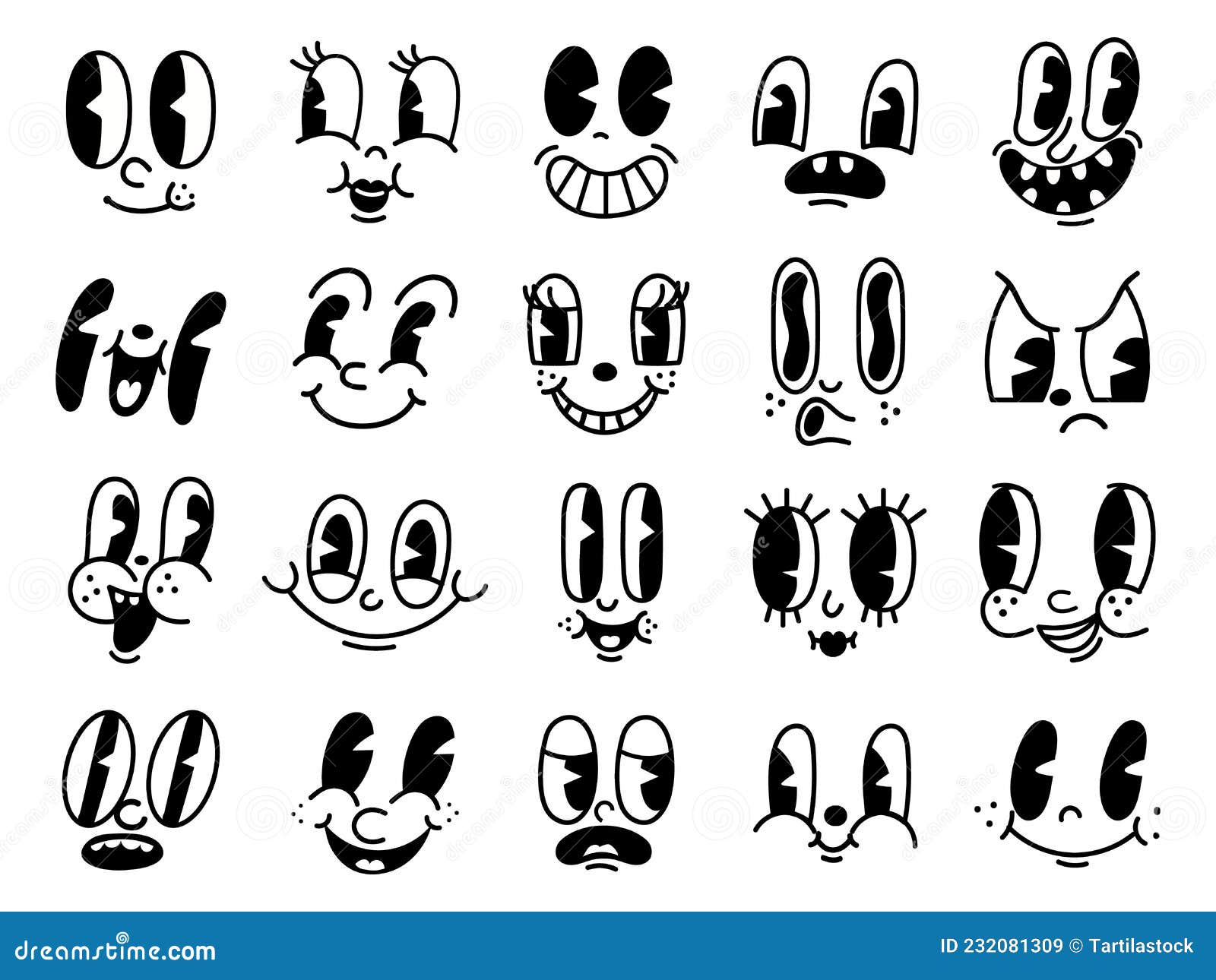 Retro 30s Cartoon Mascot Characters Funny Faces. 50s, 60s Old Animation ... Retro 30s Cartoon Mascot Characters Funny Faces. 50s, 60s Old Animation ...
