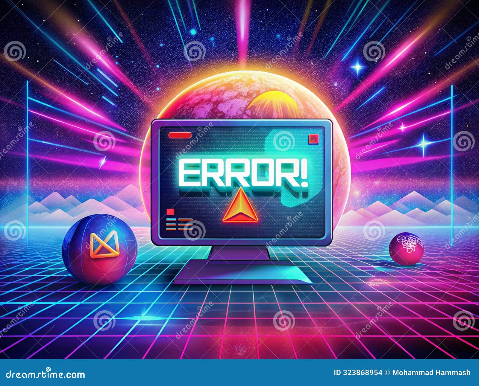 Retro 80s Error Message with Planet and Grid Background Stock Vector ...