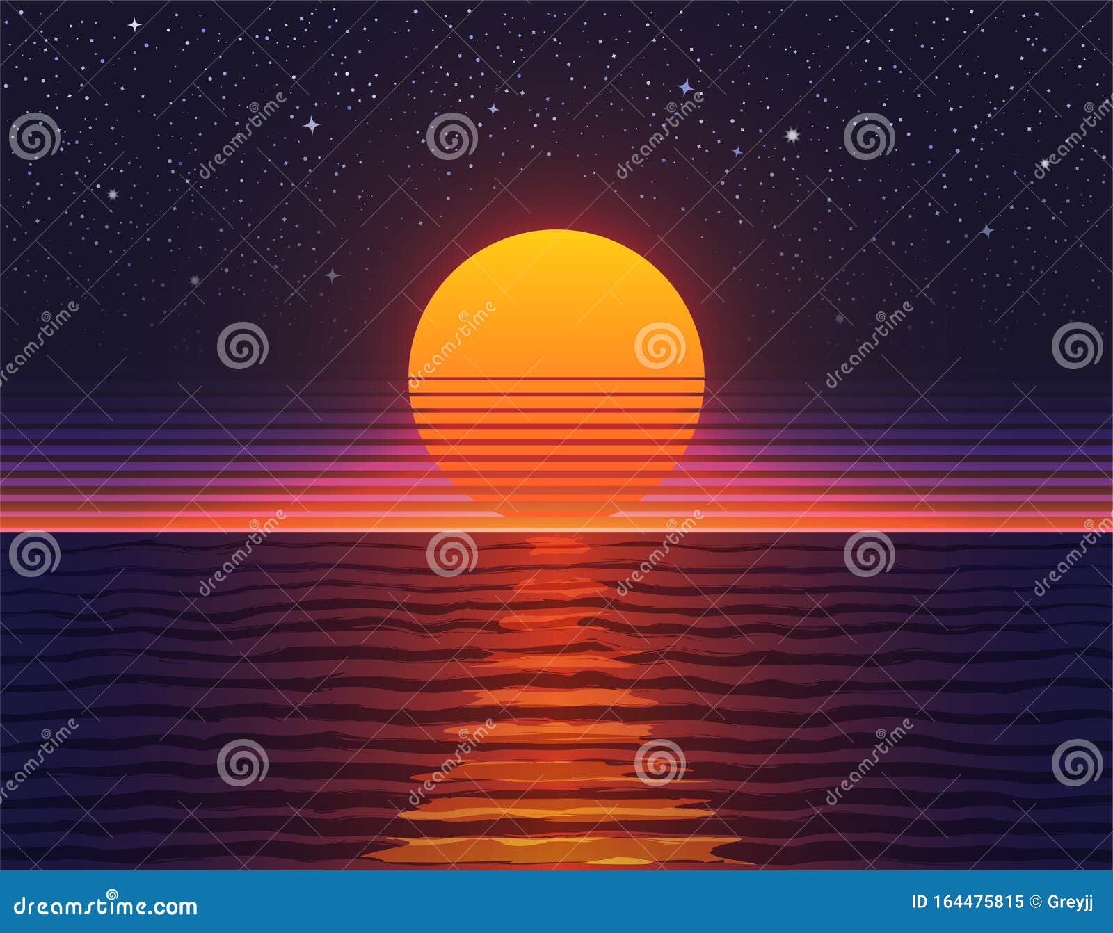 Retro 80s Illustration. Sunset Over Big Water Stock Vector ...
