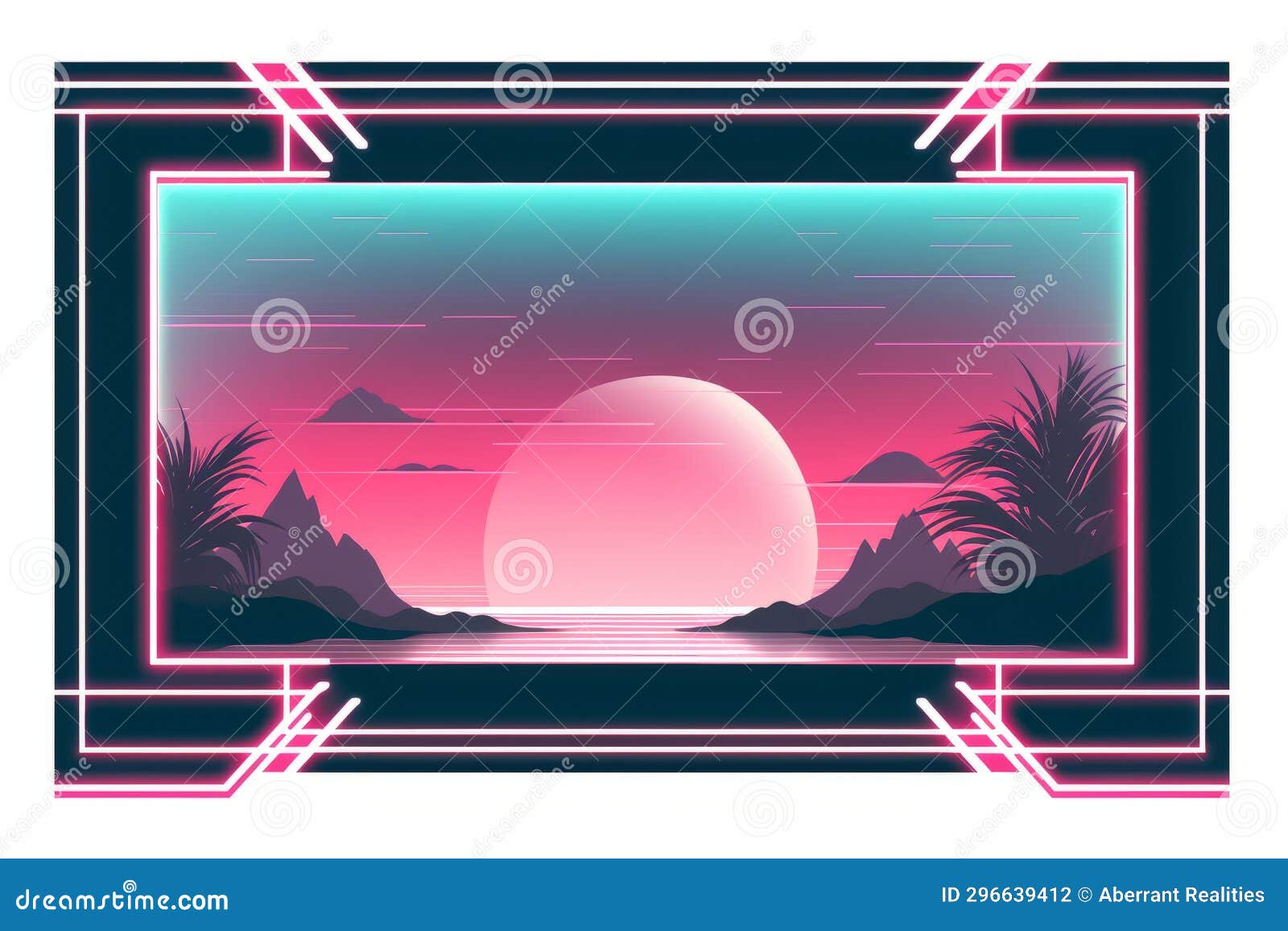 Retro 80s Neon Sunset Background with Palm Trees and Mountains Stock ...