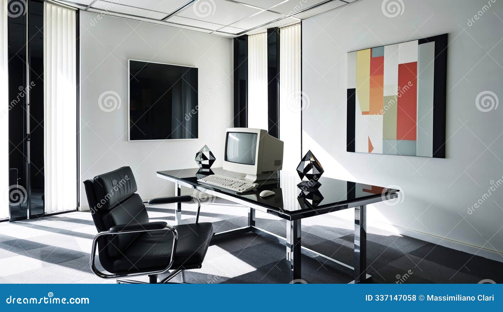 Retro 80s Office with Vintage Computer and Minimalist Art Stock ...