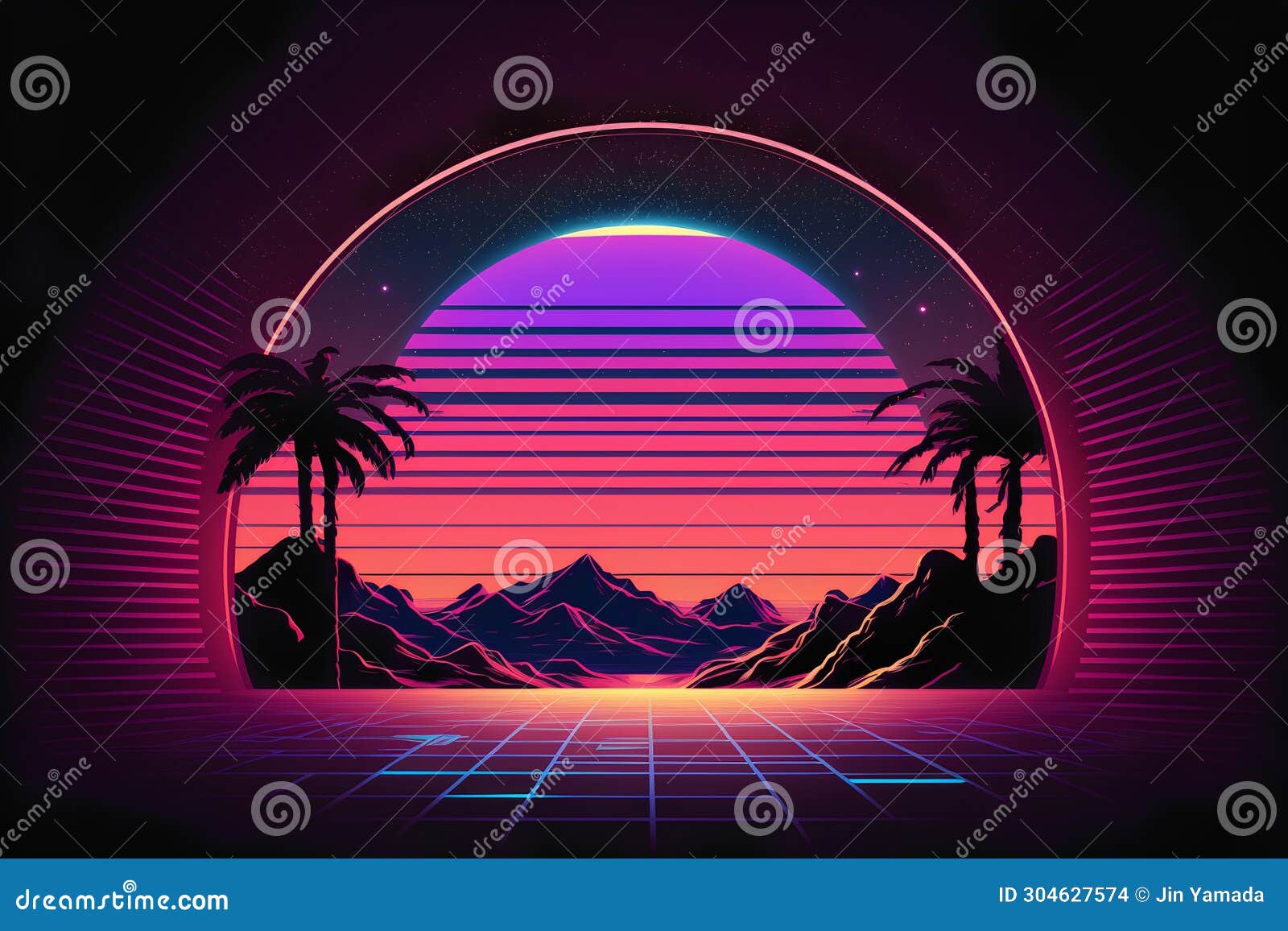 Retro 80s Style Night Landscape with Mountains and Palm Trees. Vector ...