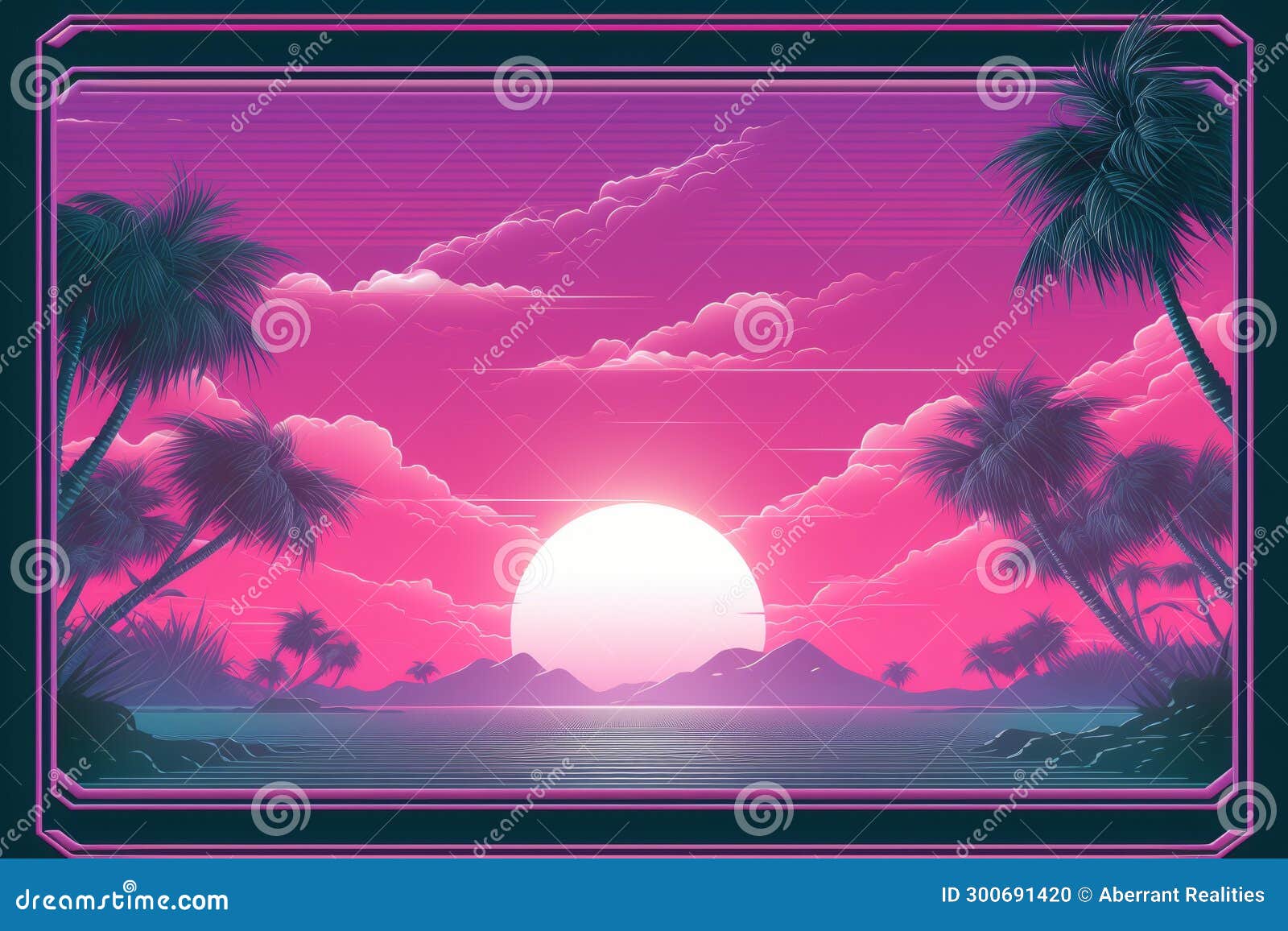 Retro 80s Style Sunset with Palm Trees and Mountains in the Background ...