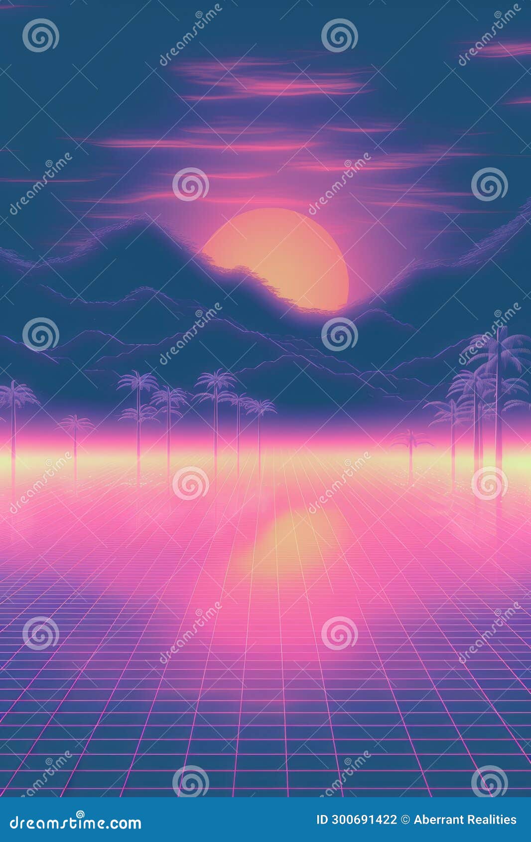 Retro 80s Style Sunset with Palm Trees and Mountains in the Background ...