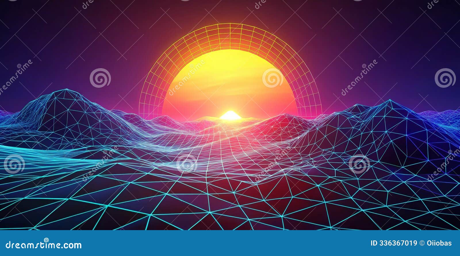 Retro 80s Sunset Over Wireframe Mountains - 3D Render Stock ...