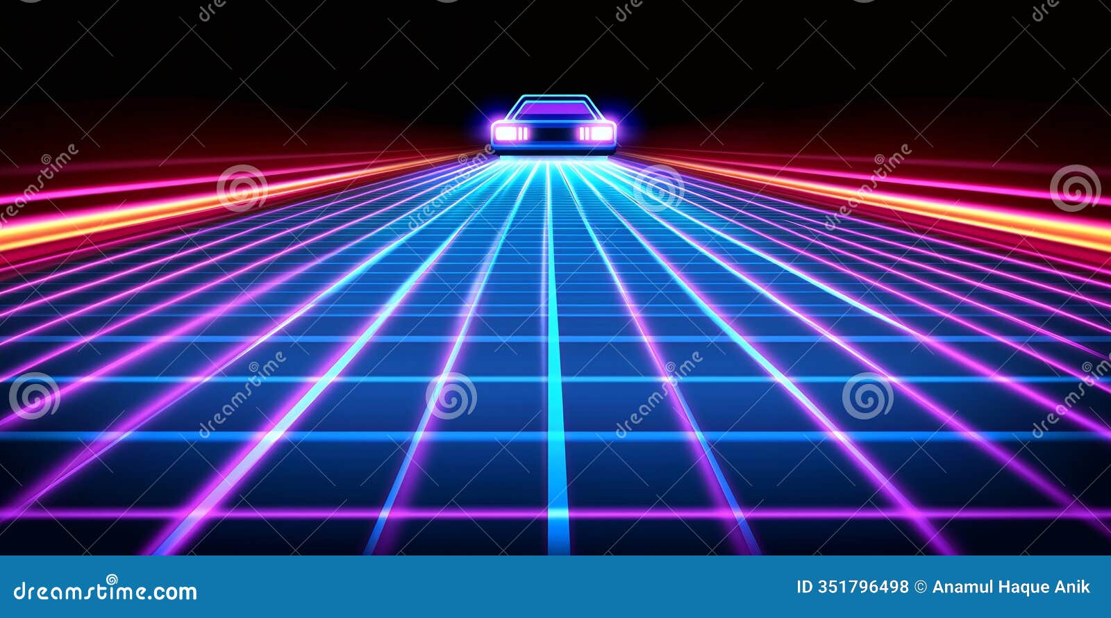Retro 80s Synthwave Grid Road Car Neon Lights Stock Illustration ...