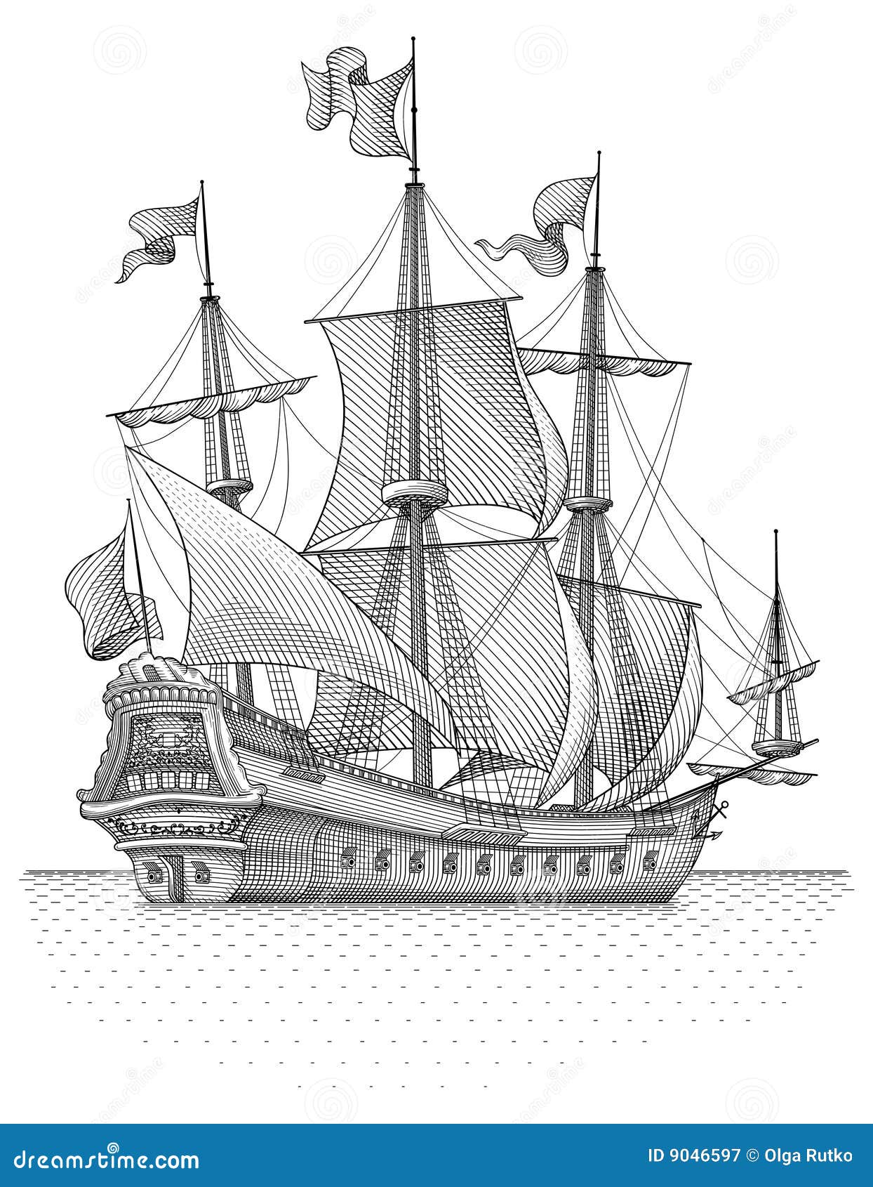 Sail Ship With Detailed Rigging Black And White Vector Silhouette ...