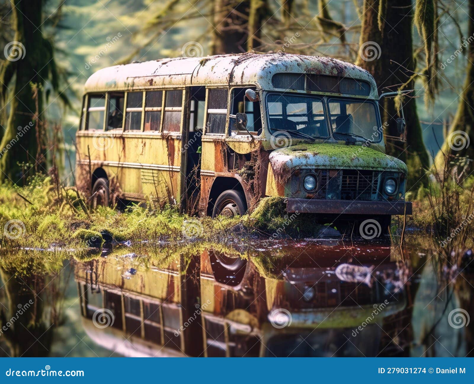 Retro School Bus Abandoned in Forest Swamp. Stock Illustration ...