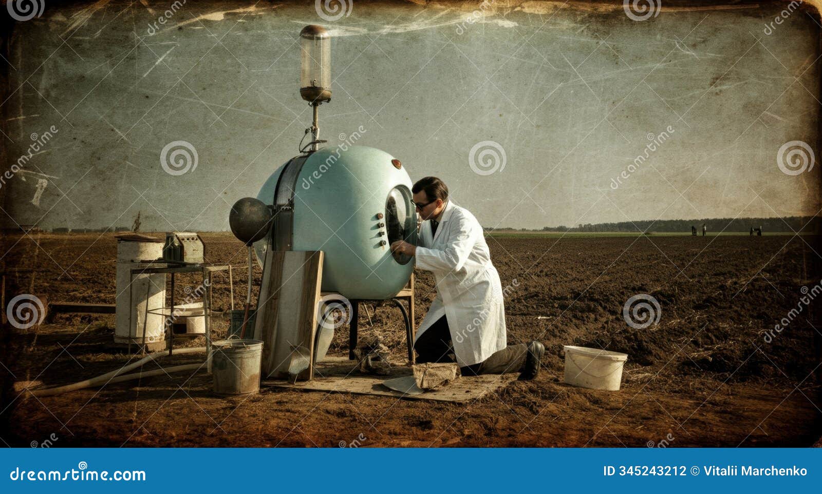Retro Scientist Working on Vintage Sci-fi Machine in Rural Field Stock ...