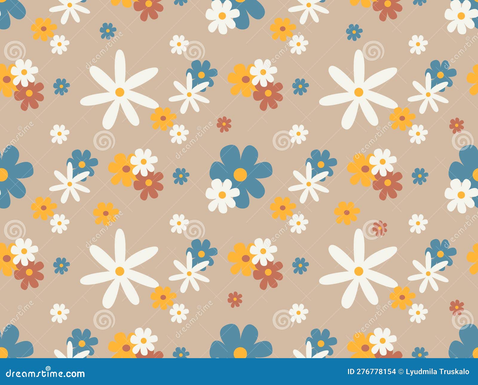Retro Seamless Pattern with Flowers. Cartoon Funky Flowers. Vintage ...