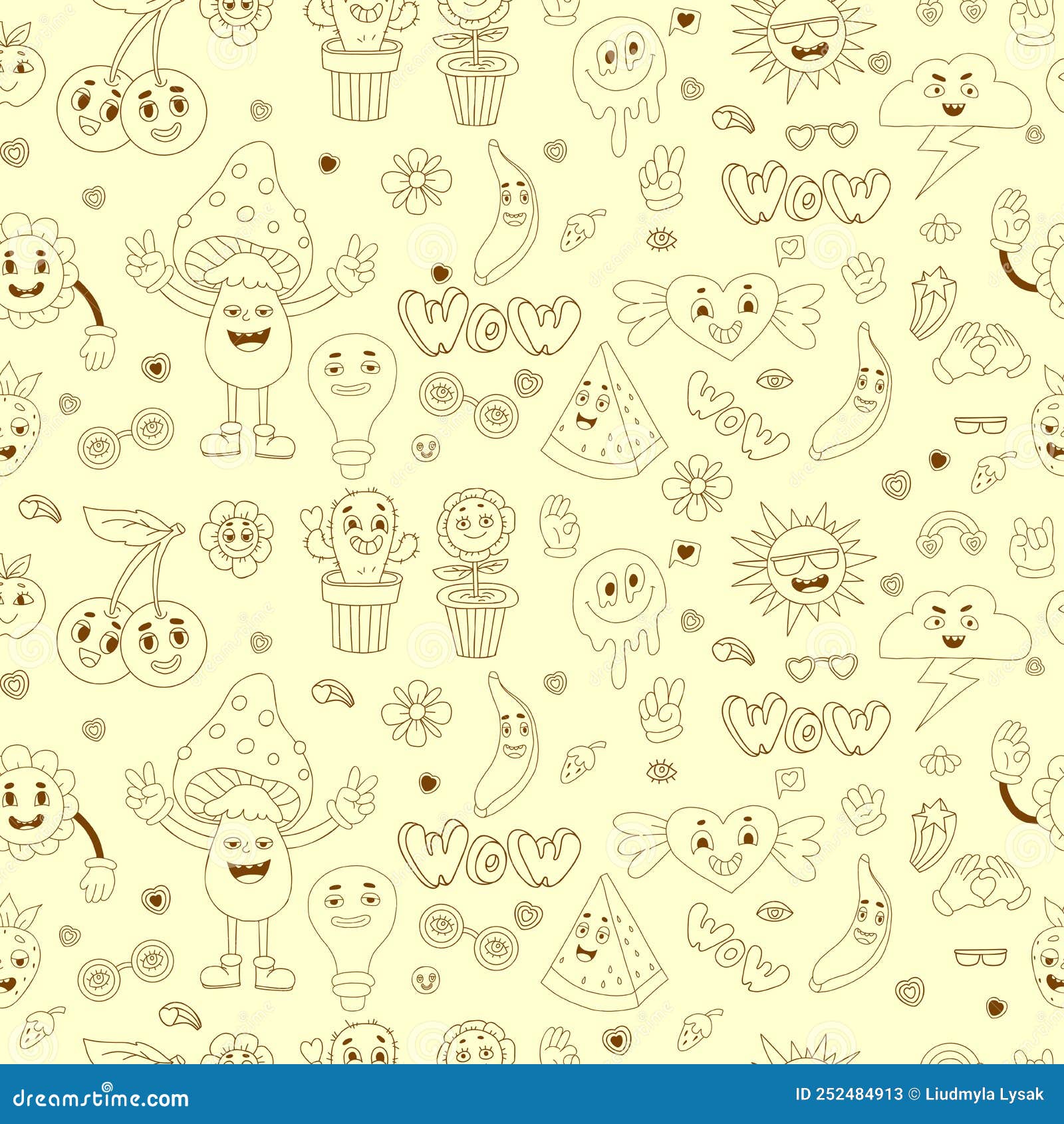 Retro Seamless Pattern with Groovy Elements Vector Linear Hand Drawn ...