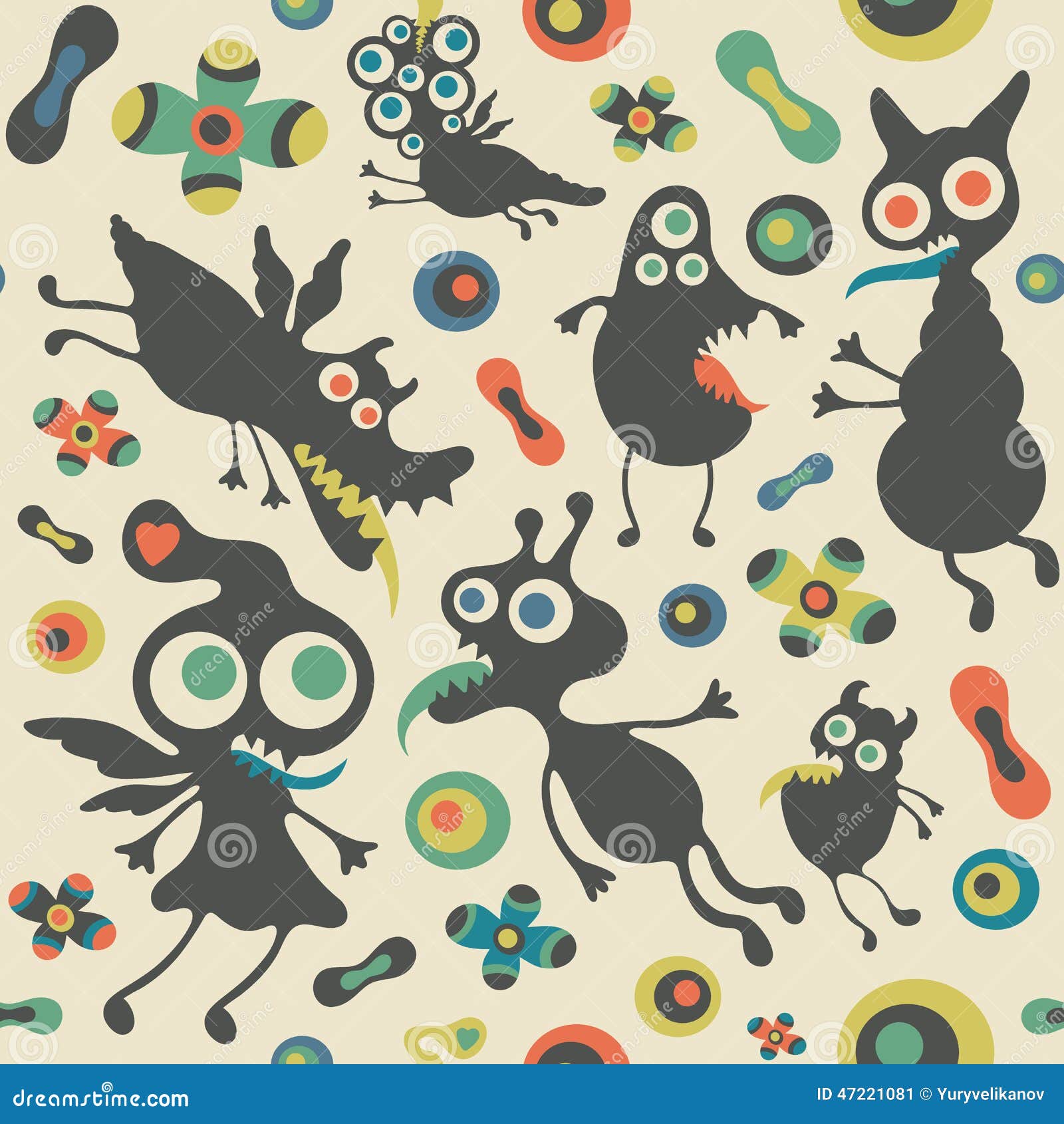 Retro Seamless Pattern with Happy Monsters. Stock Vector - Illustration ...