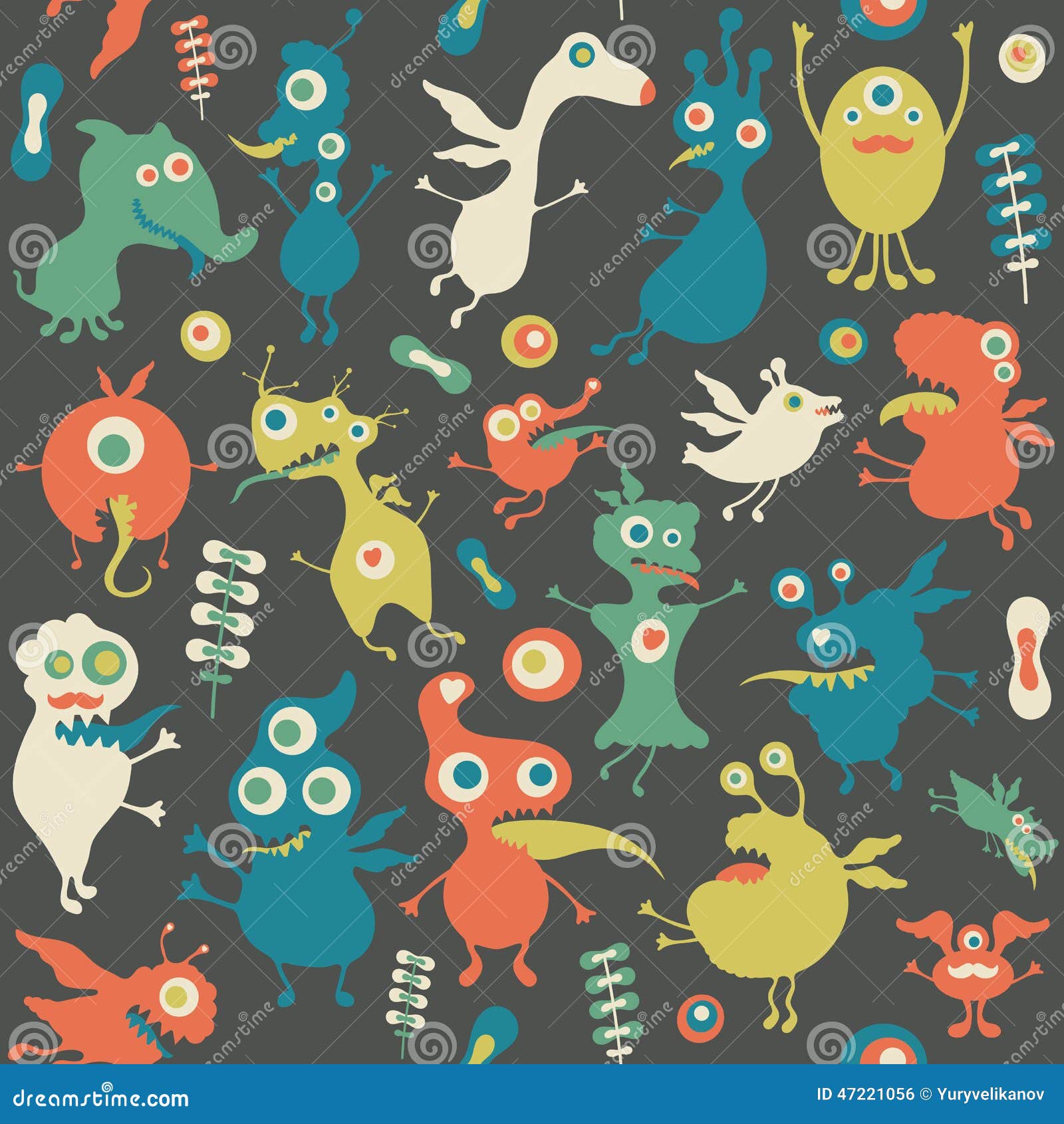 Retro Seamless Pattern with Monsters and Flowers. Stock Vector ...