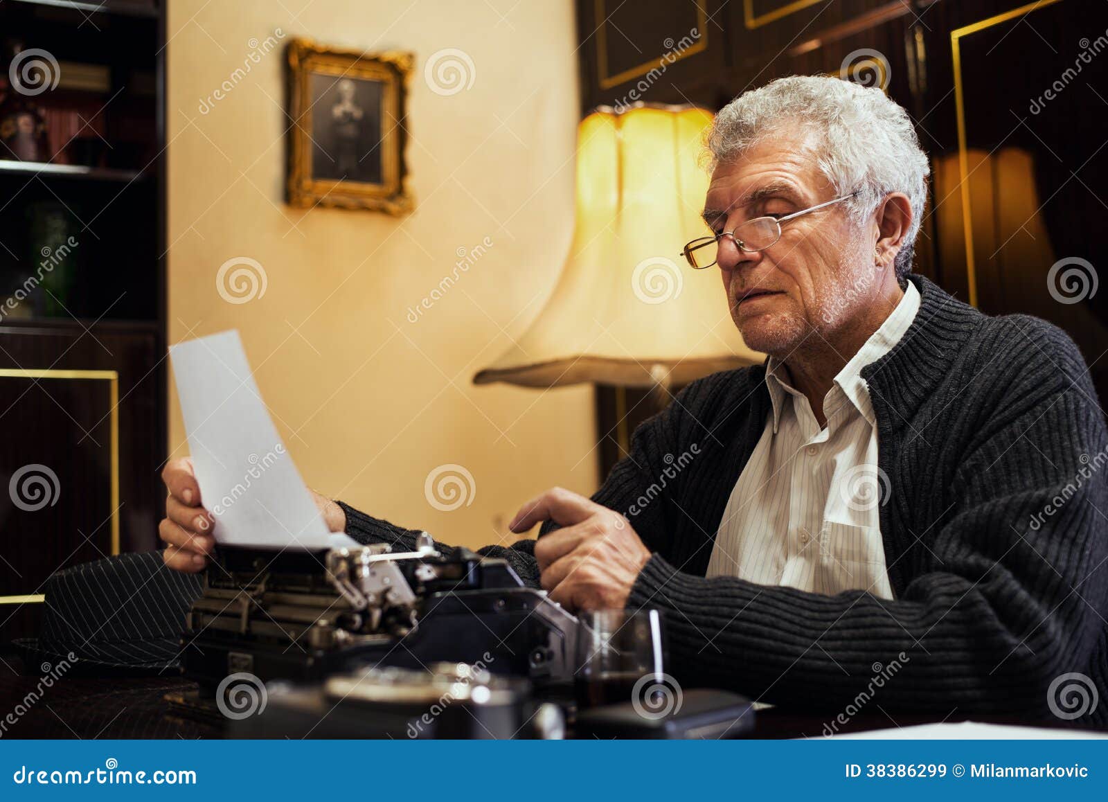 Retro Senior Man writer stock image. Image of typewriter - 38386299