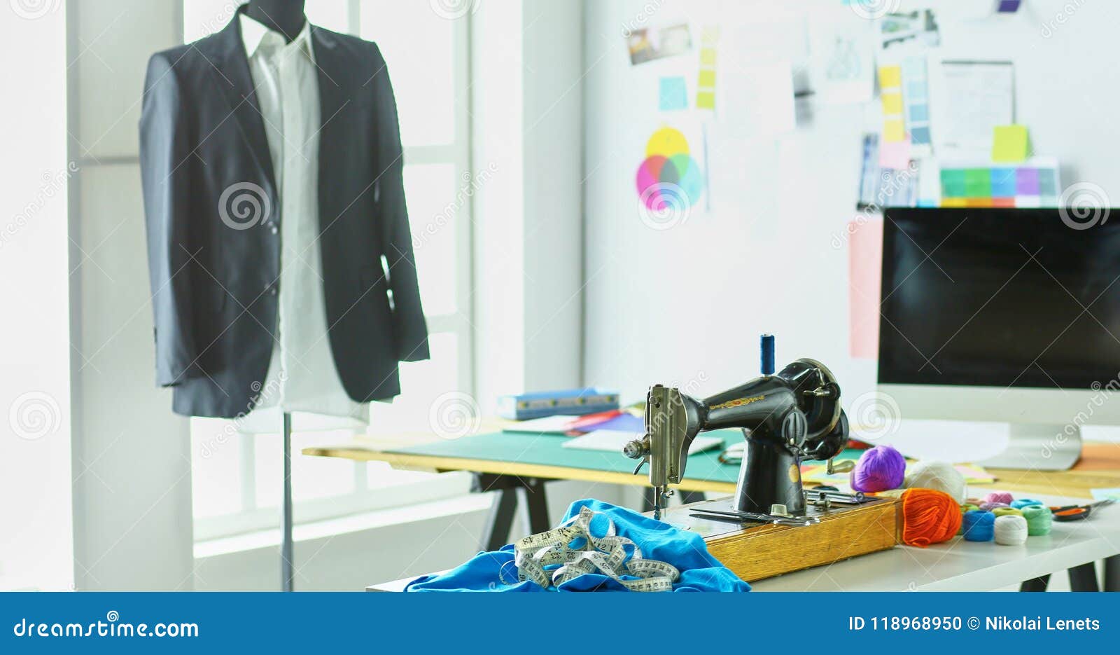 Retro Sewing Machine on Designer Clothes Desktop Stock Photo - Image of ...