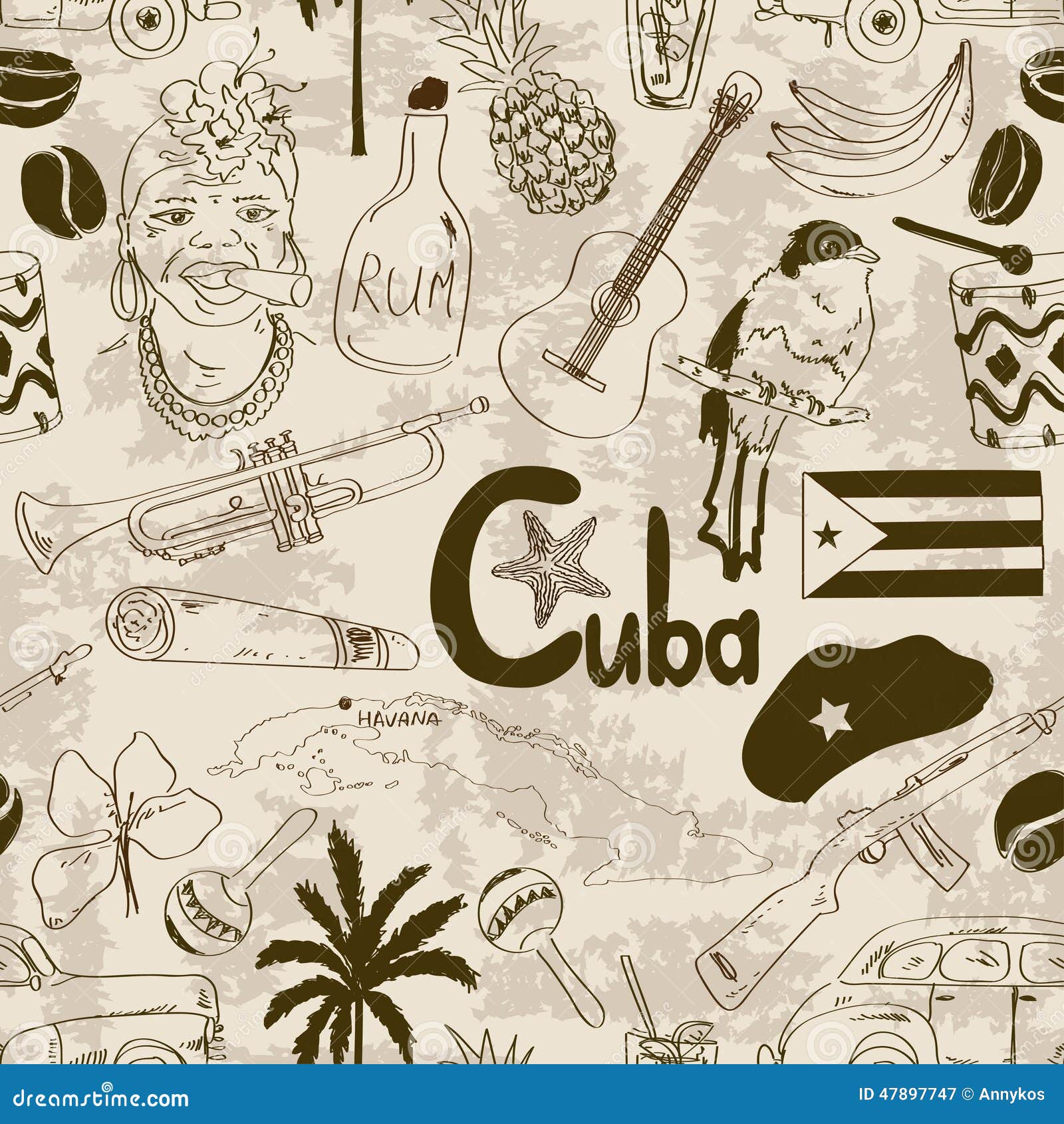 Retro Sketch Cuban Seamless Pattern Stock Vector - Illustration of ...
