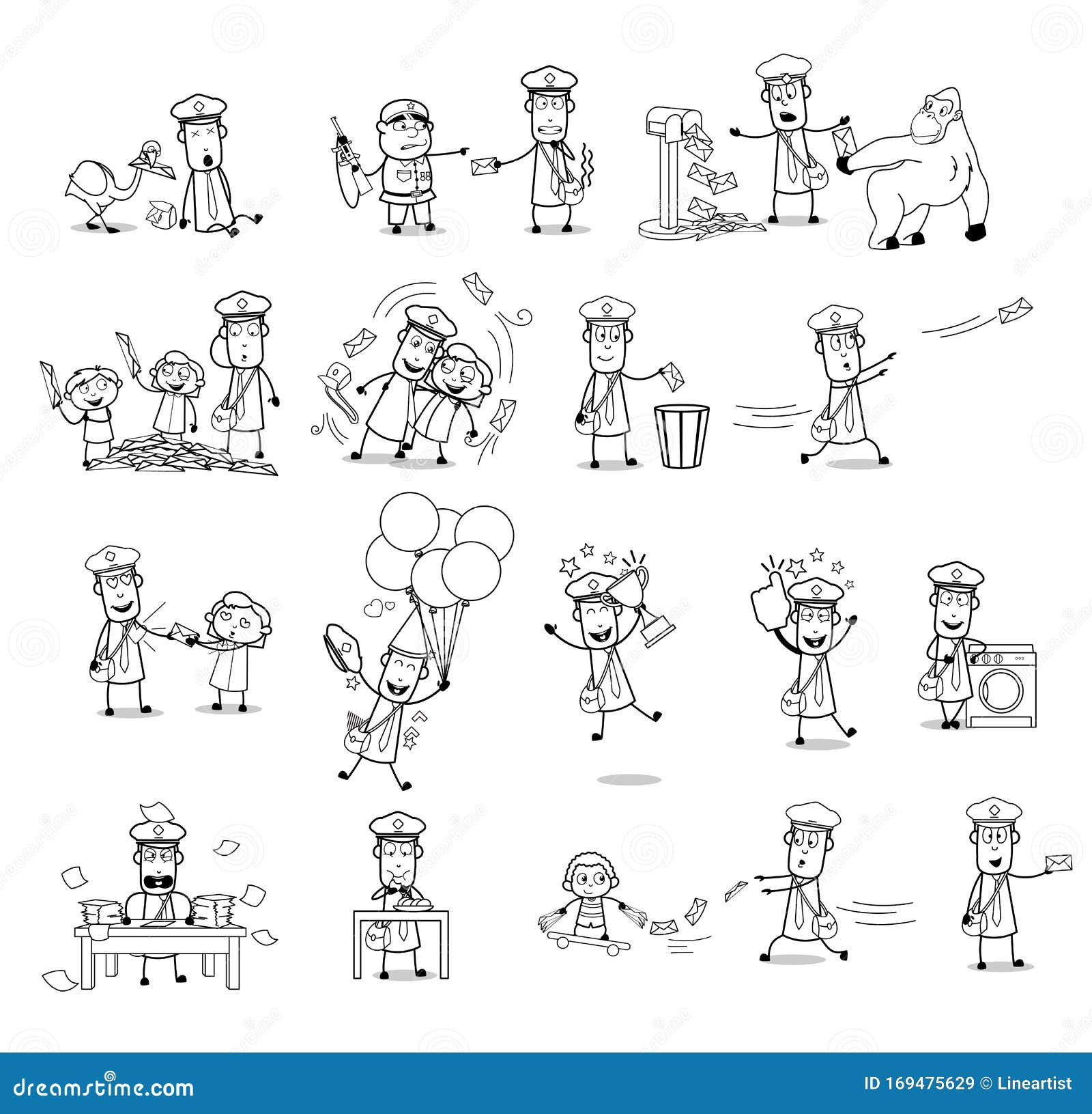 Retro Sketching of Comic Postman - Set of Concepts Vector Illustrations ...