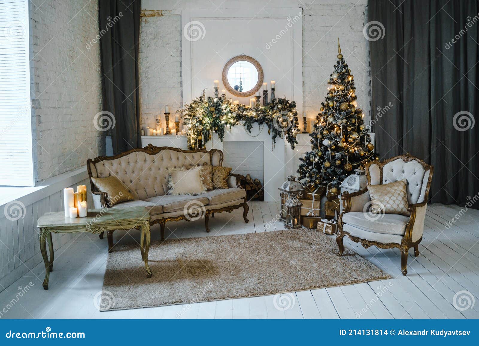 Retro Sofa. Chair. Christmas Tree and Fireplace Stock Photo - Image of ...