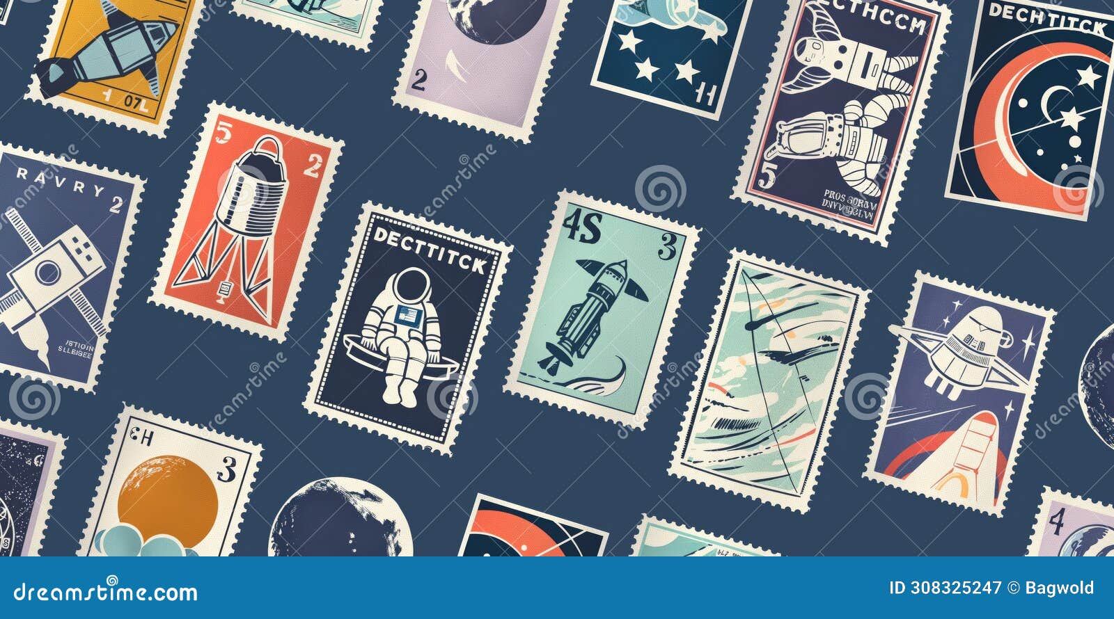 Retro Space Race Stamp Collection Stock Illustration - Illustration of ...