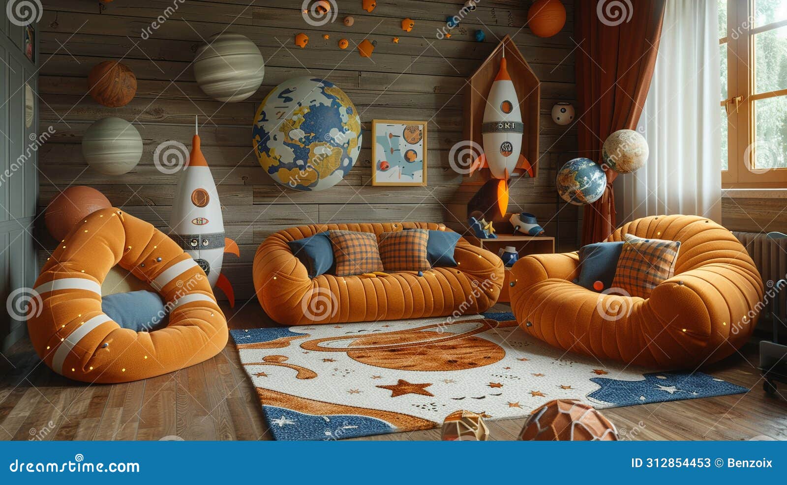 Retro Space-themed Kids Room with Planets and Rocket Models Stock Image ...