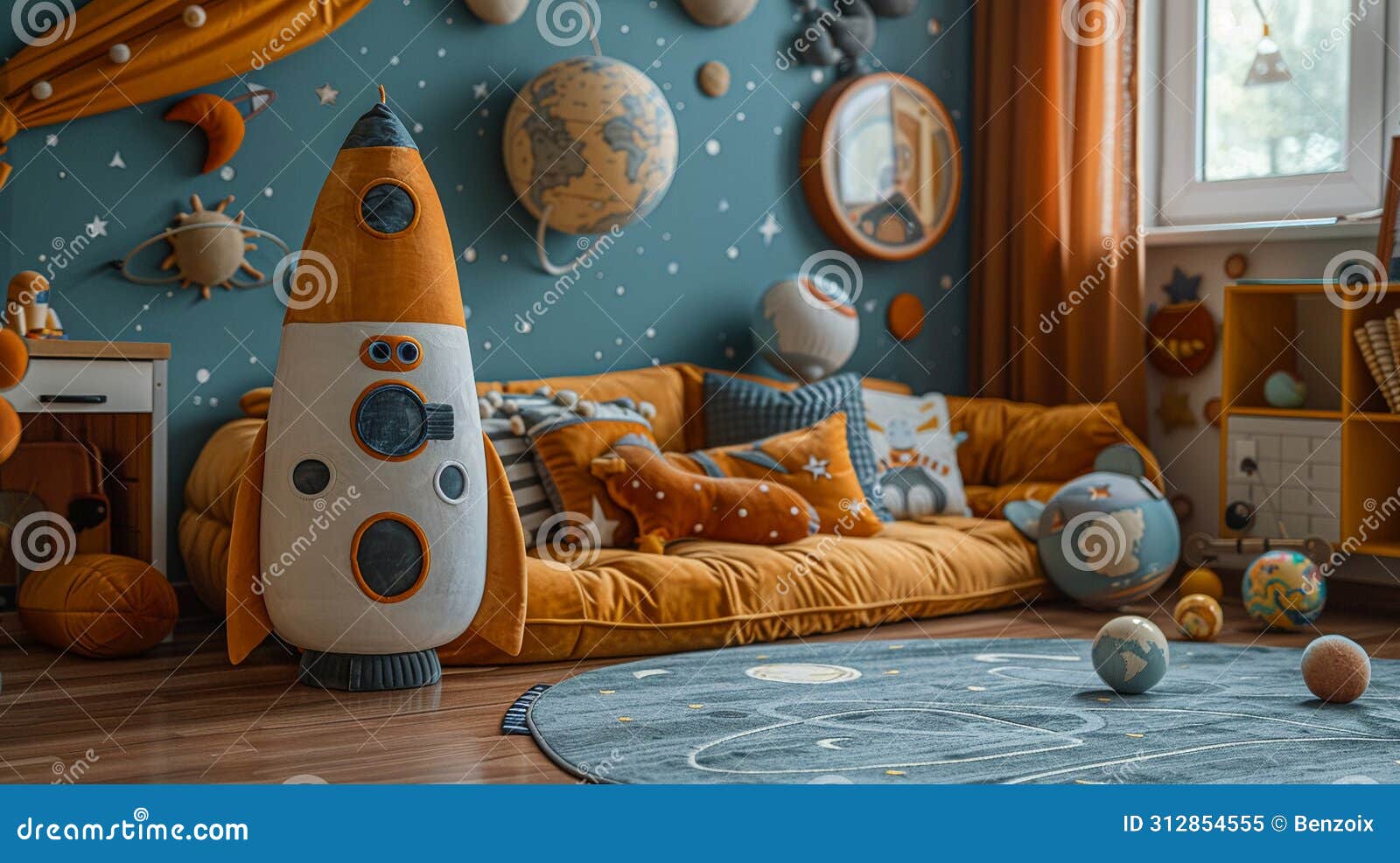 Retro Space-themed Kids Room with Planets and Rocket Models Stock Image ...