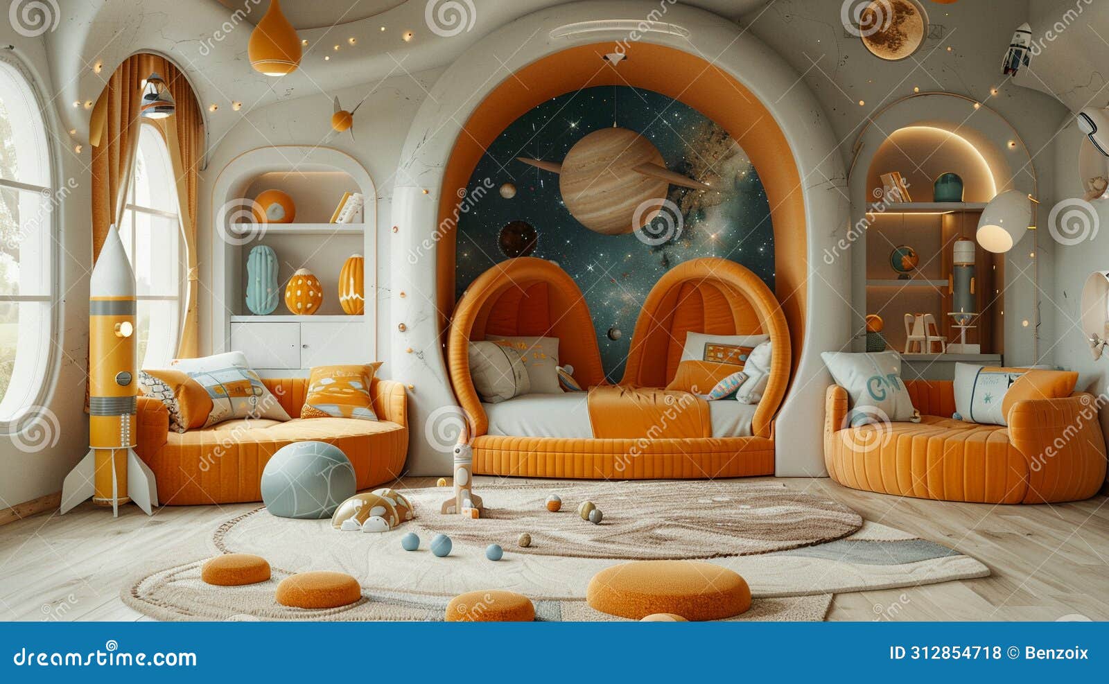 Retro Space-themed Kids Room with Planets and Rocket Models Stock Photo ...
