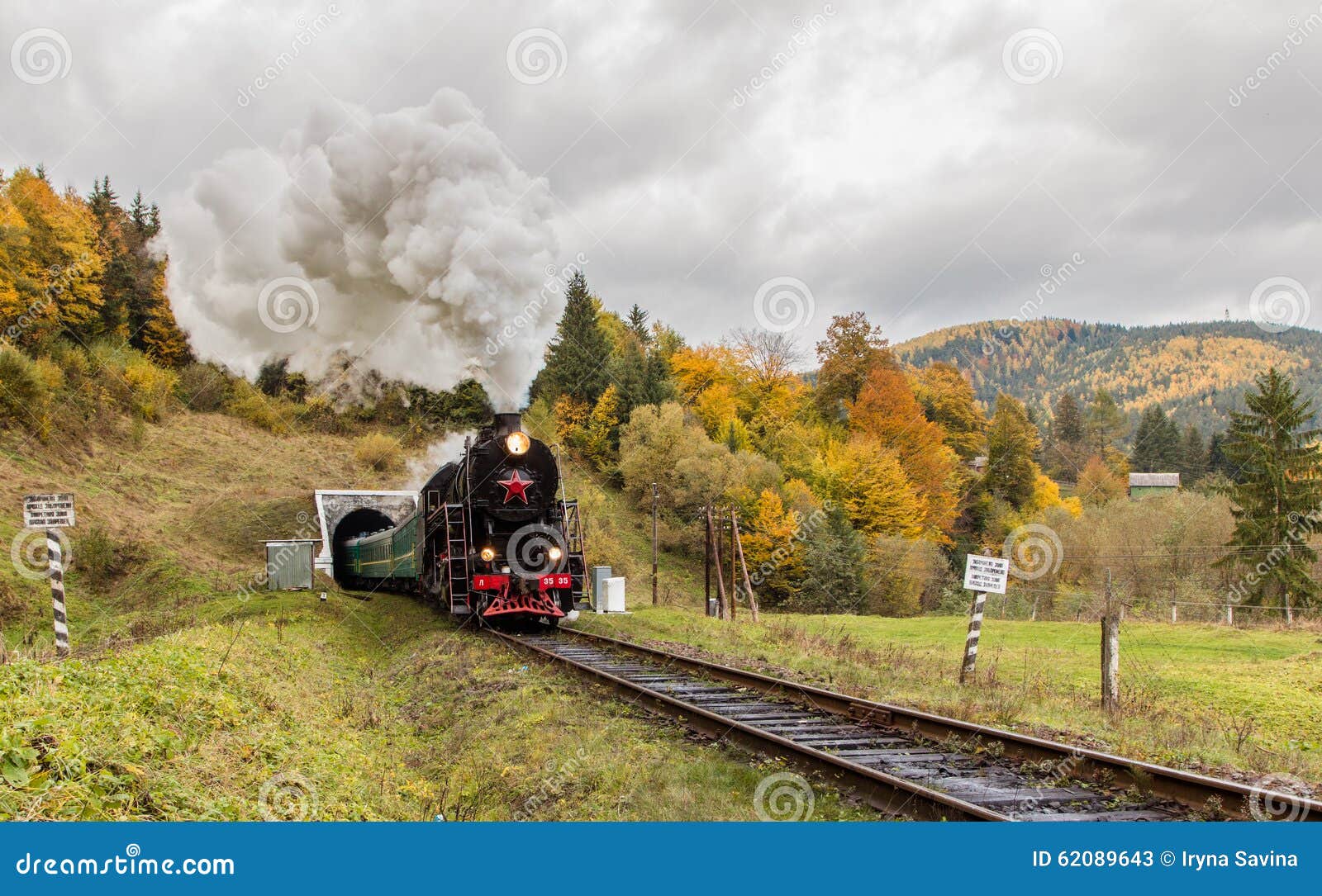 Retro Steam Train Approaches Mountains Stock Image - Image of fields ...