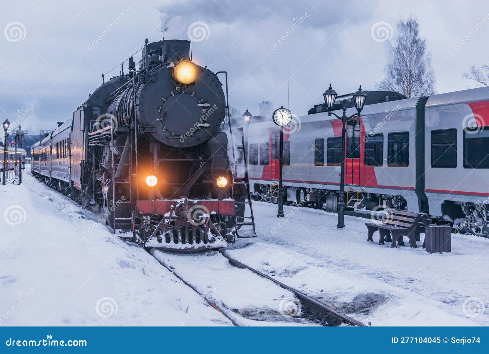 Retro Steam Train Arrives at Winter Morning Stock Image - Image of ...