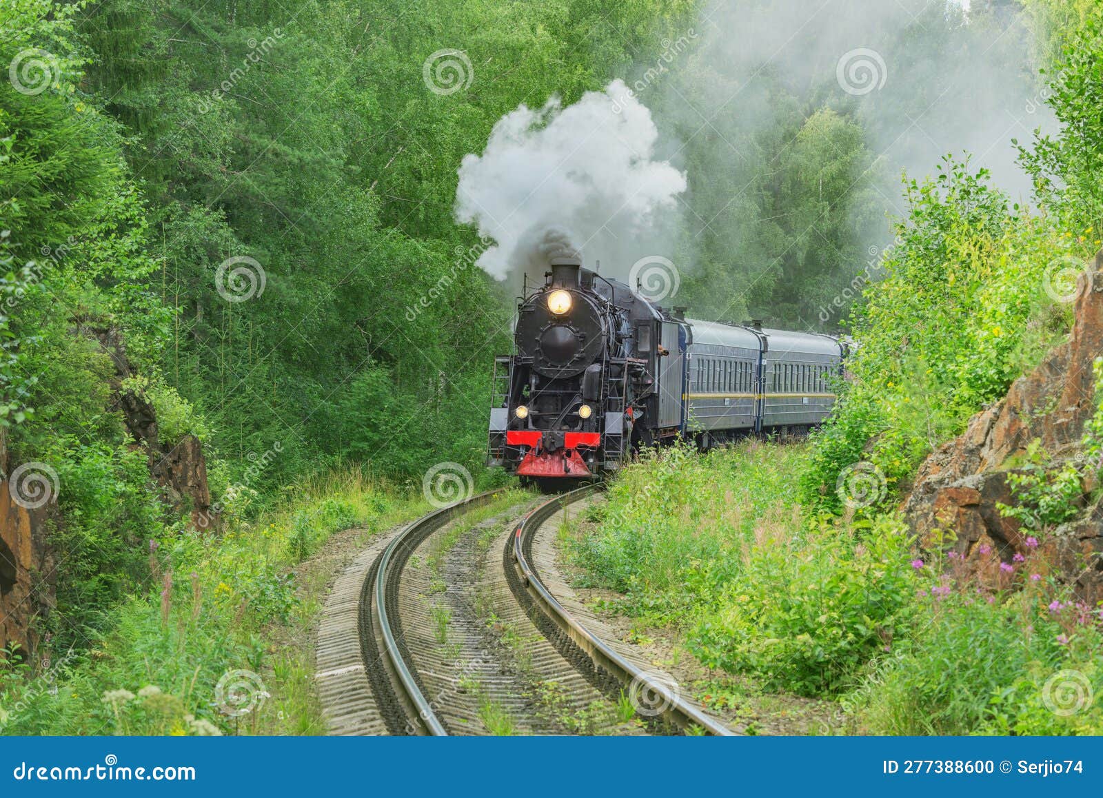 Retro Steam Train Moves at Summer Morning. Stock Photo - Image of ...