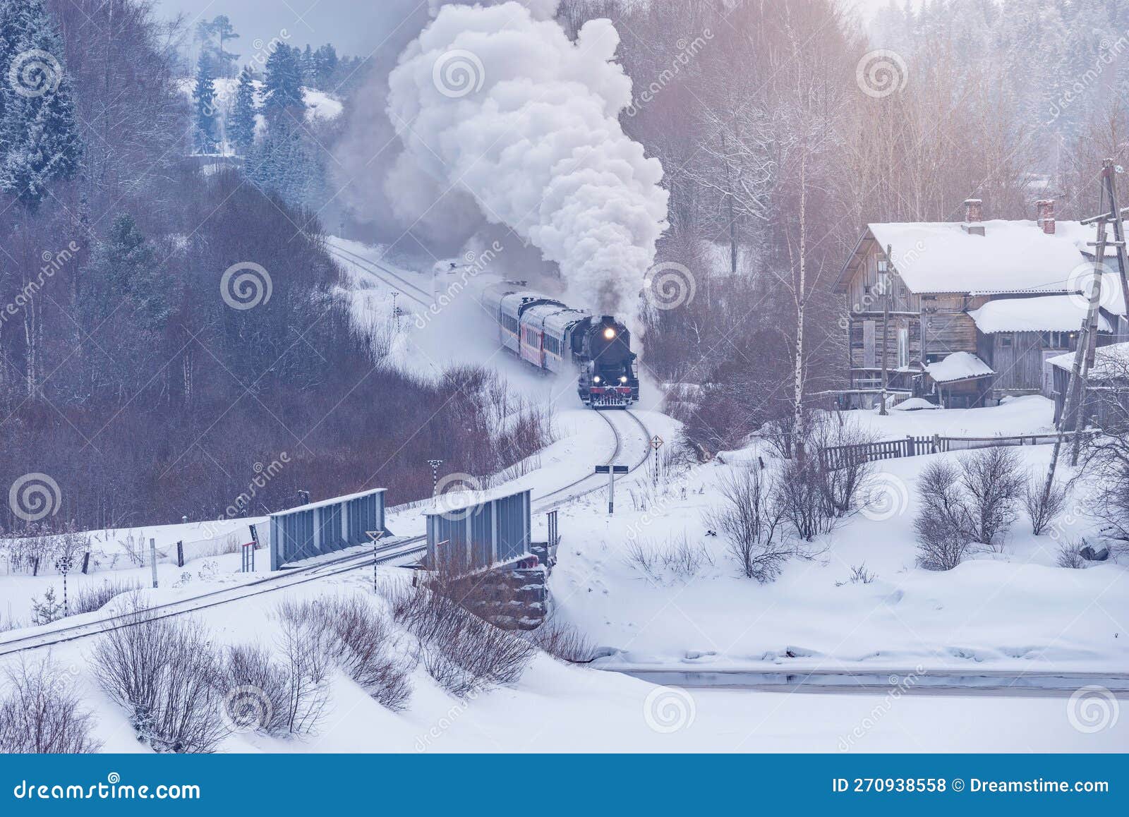 Retro Steam Train Moves at Winter Day Stock Photo - Image of train ...