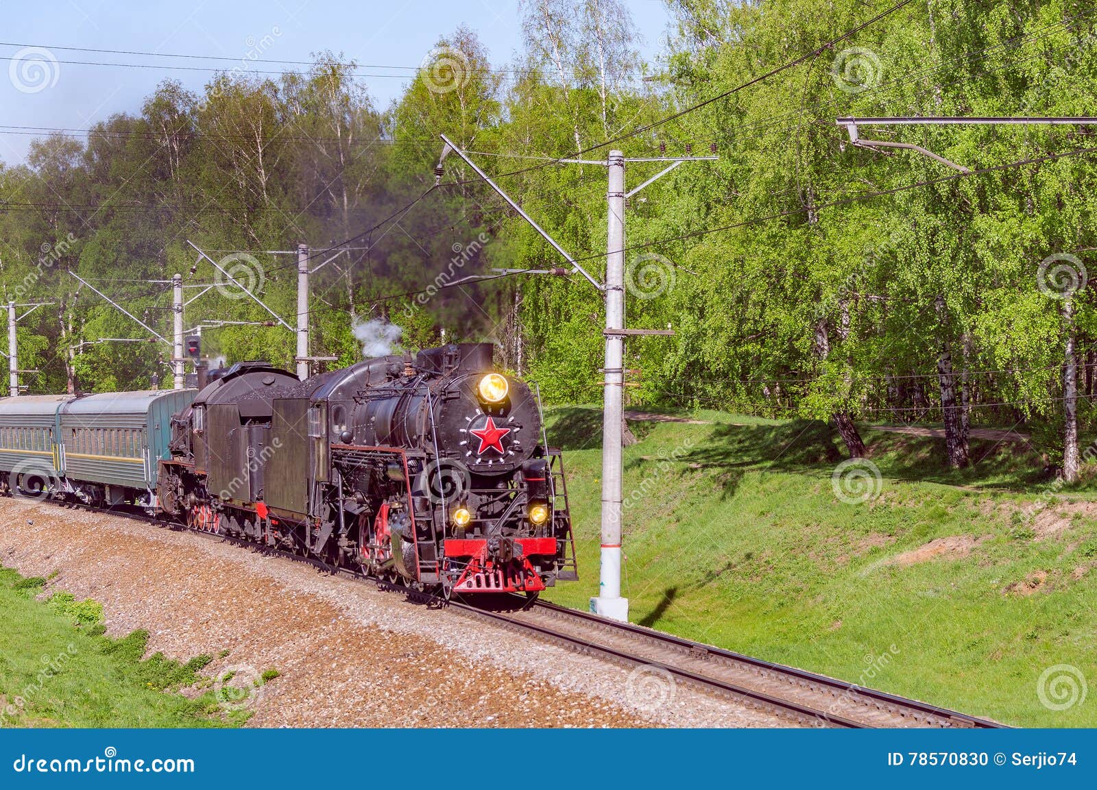 Retro Steam Train at Summer Day Time. Stock Photo - Image of sunlight ...
